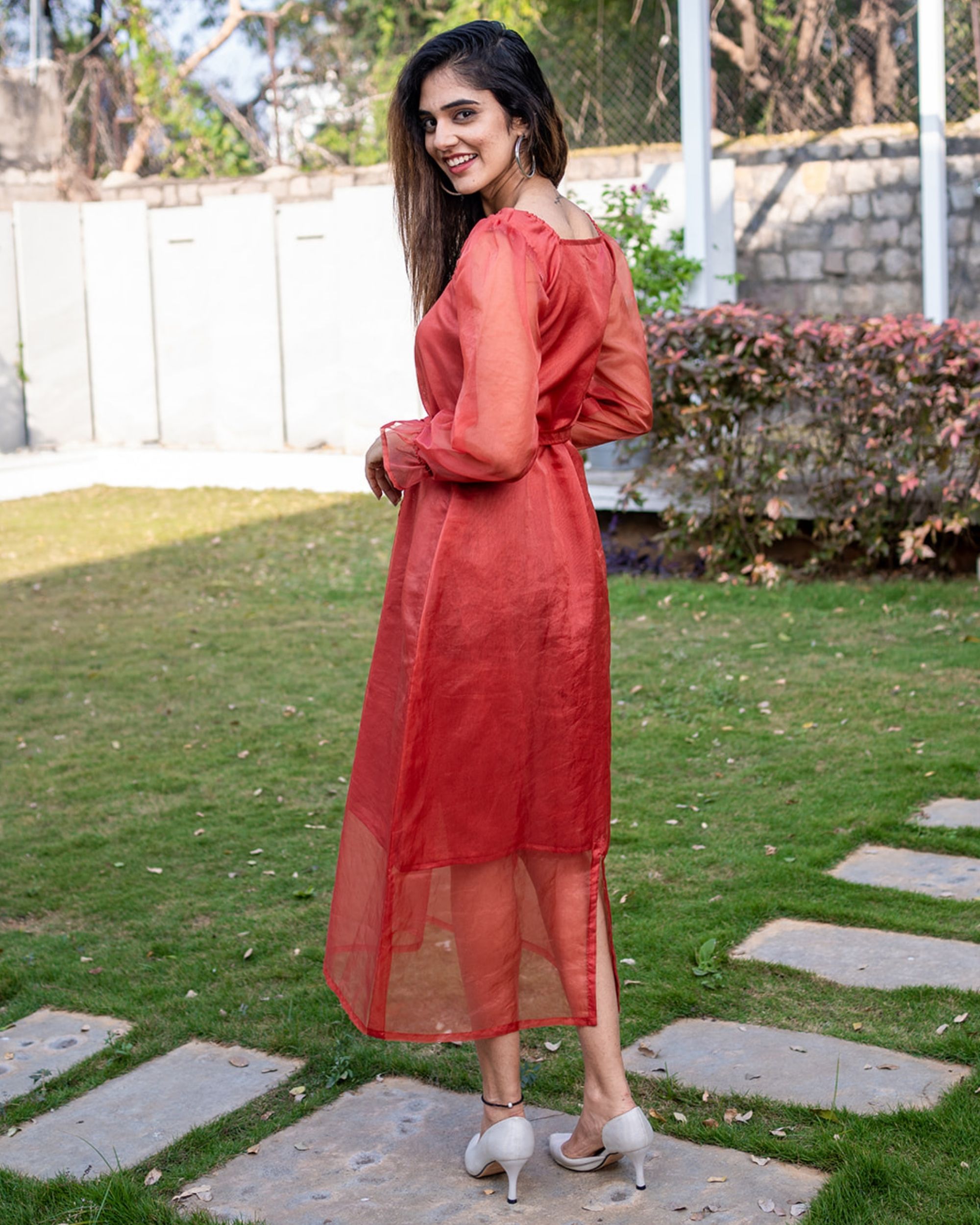 Raspberry red organza dress with tie up by The Weave Story | The Secret ...