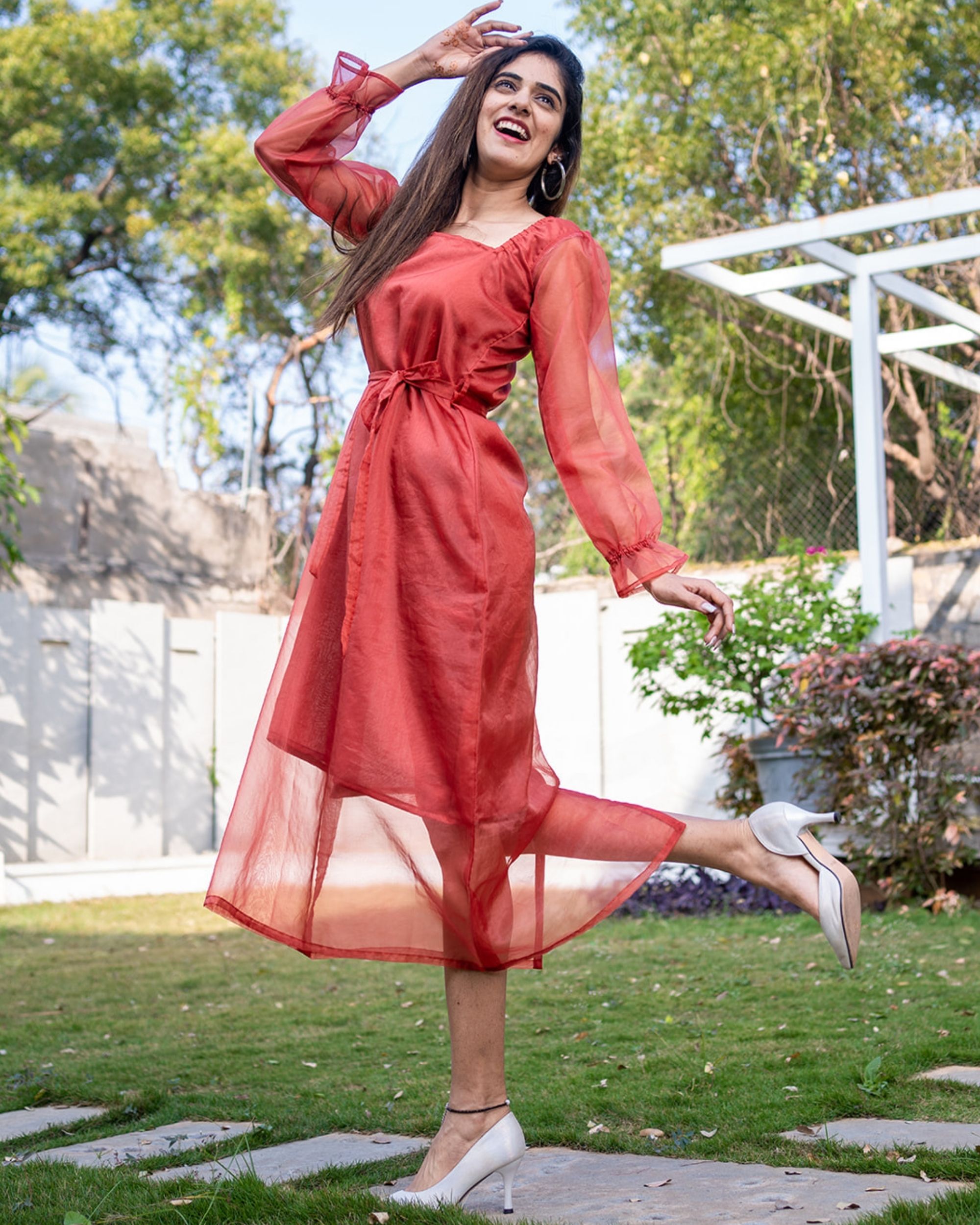 Raspberry red organza dress with tie up by The Weave Story | The Secret ...