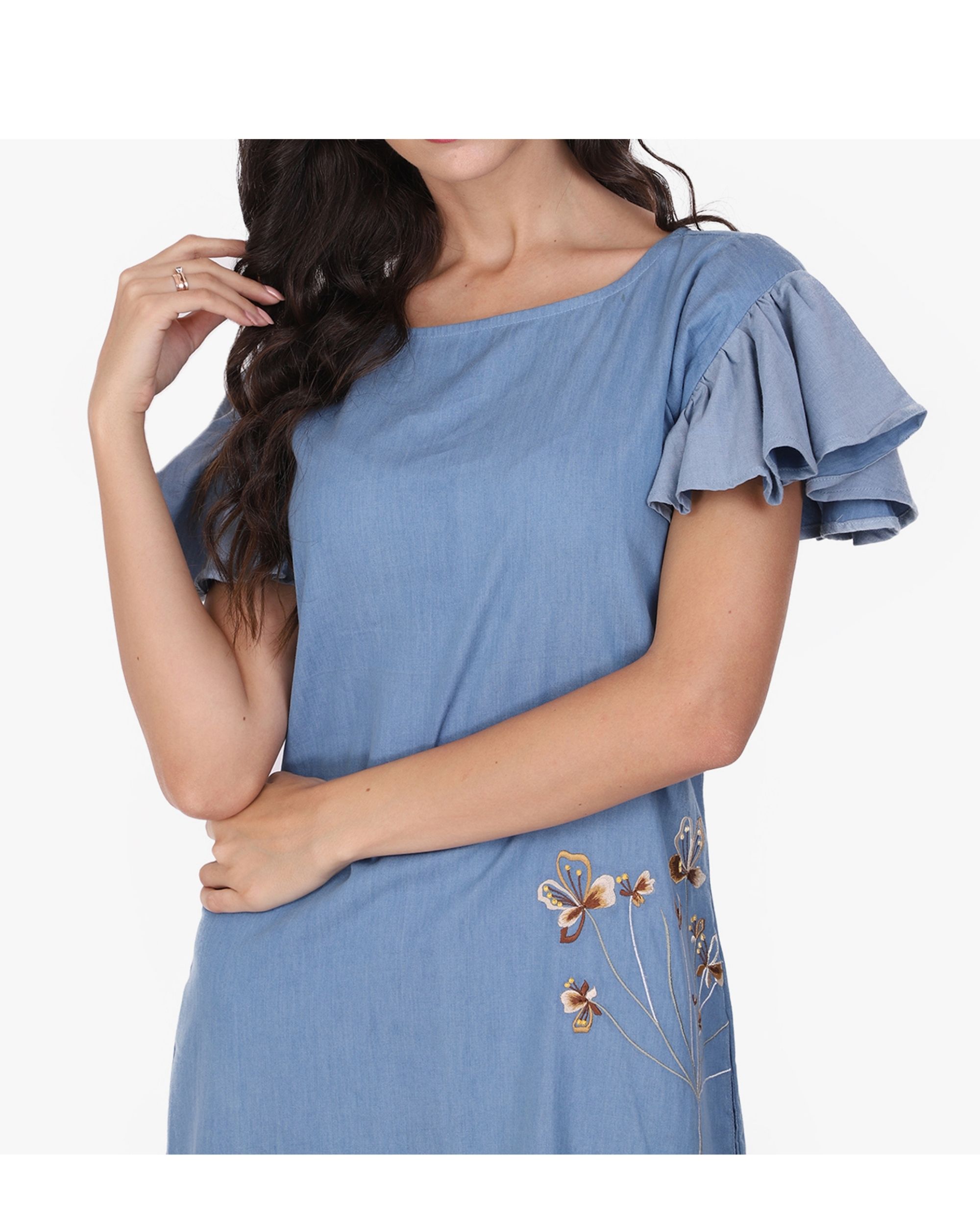 Blue embroidered shift dress by Vritta | The Secret Label