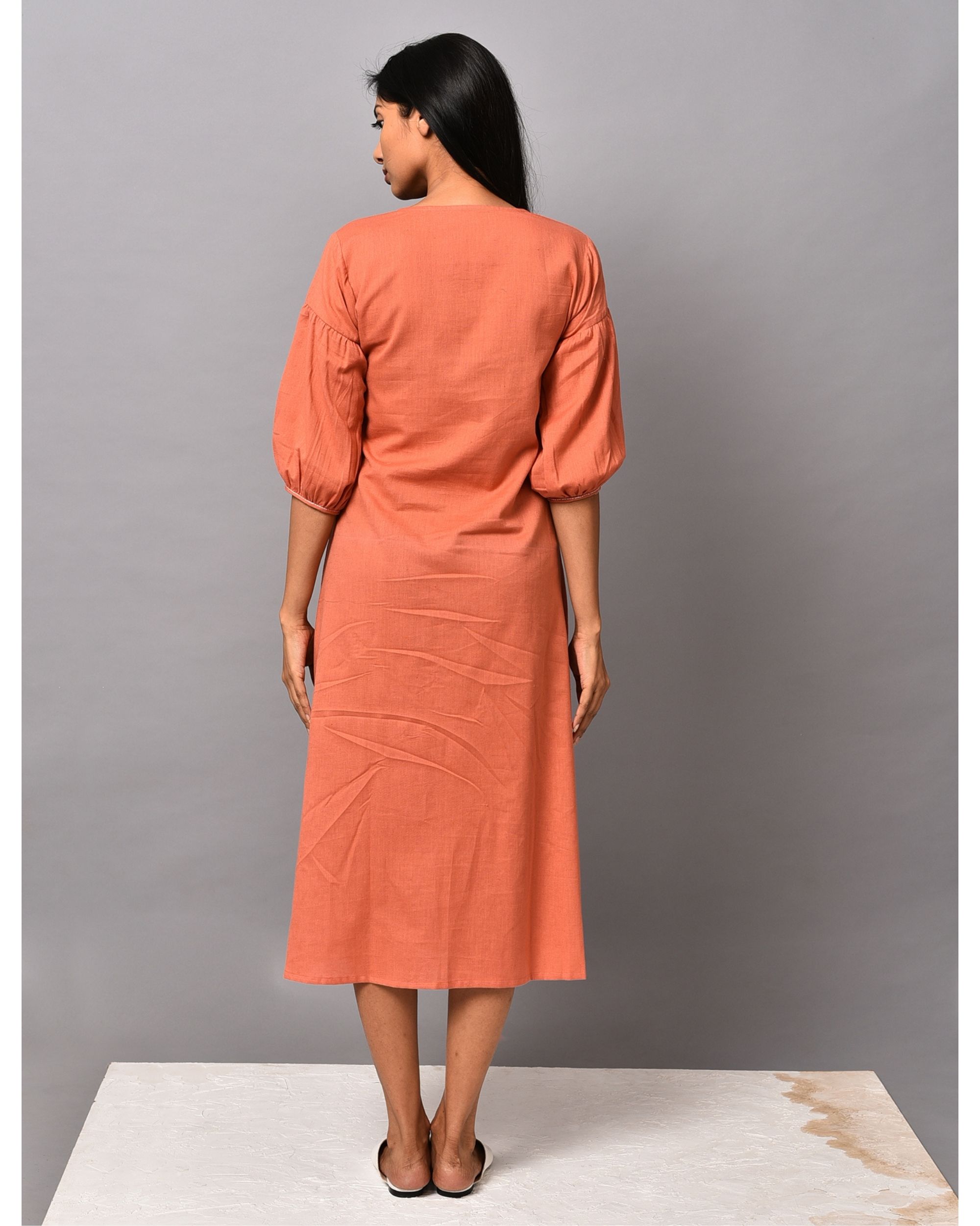 Dusty orange gathered dress by Vritta | The Secret Label