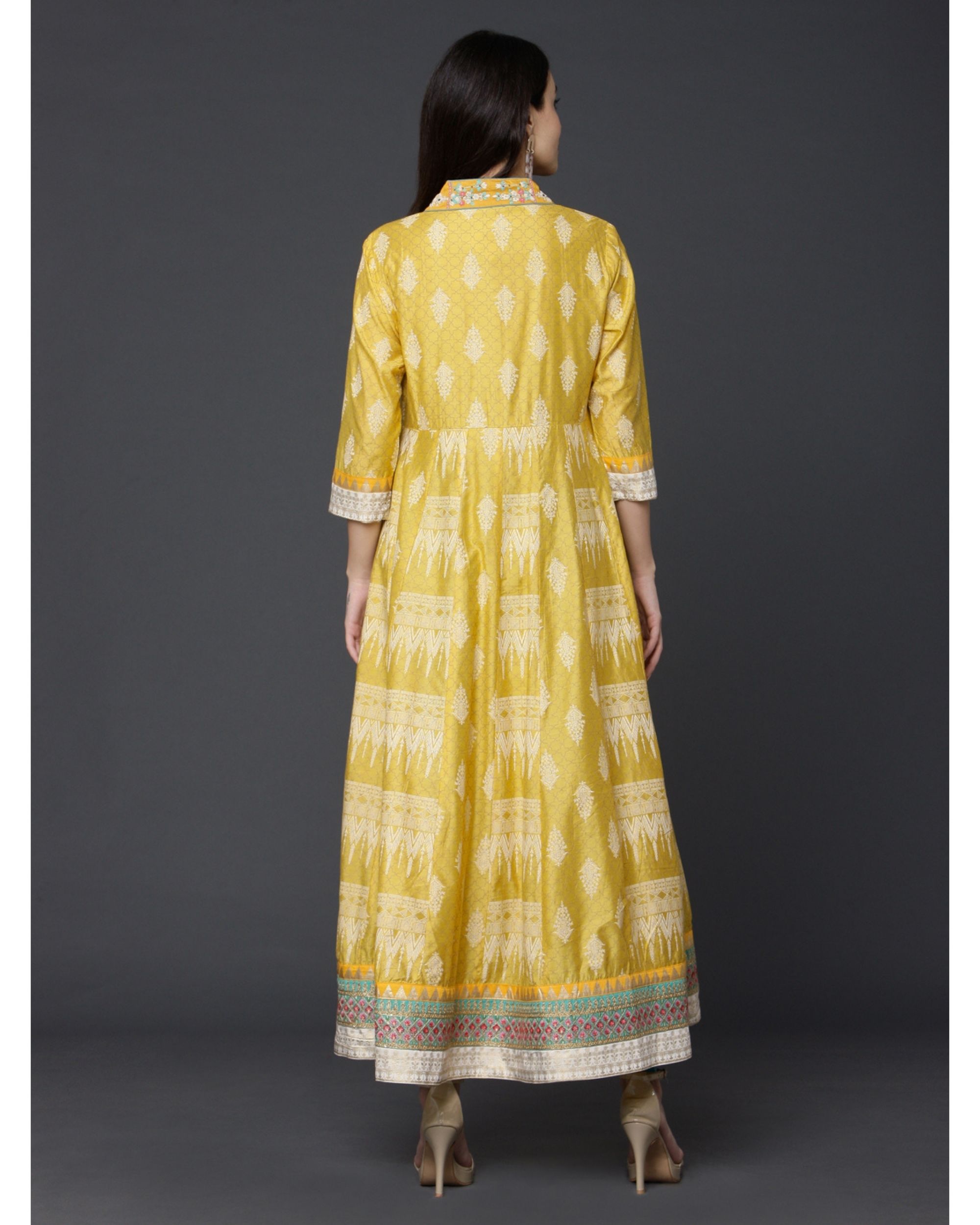 Yellow yoke embroidered anarkali by Ojas Designs | The Secret Label