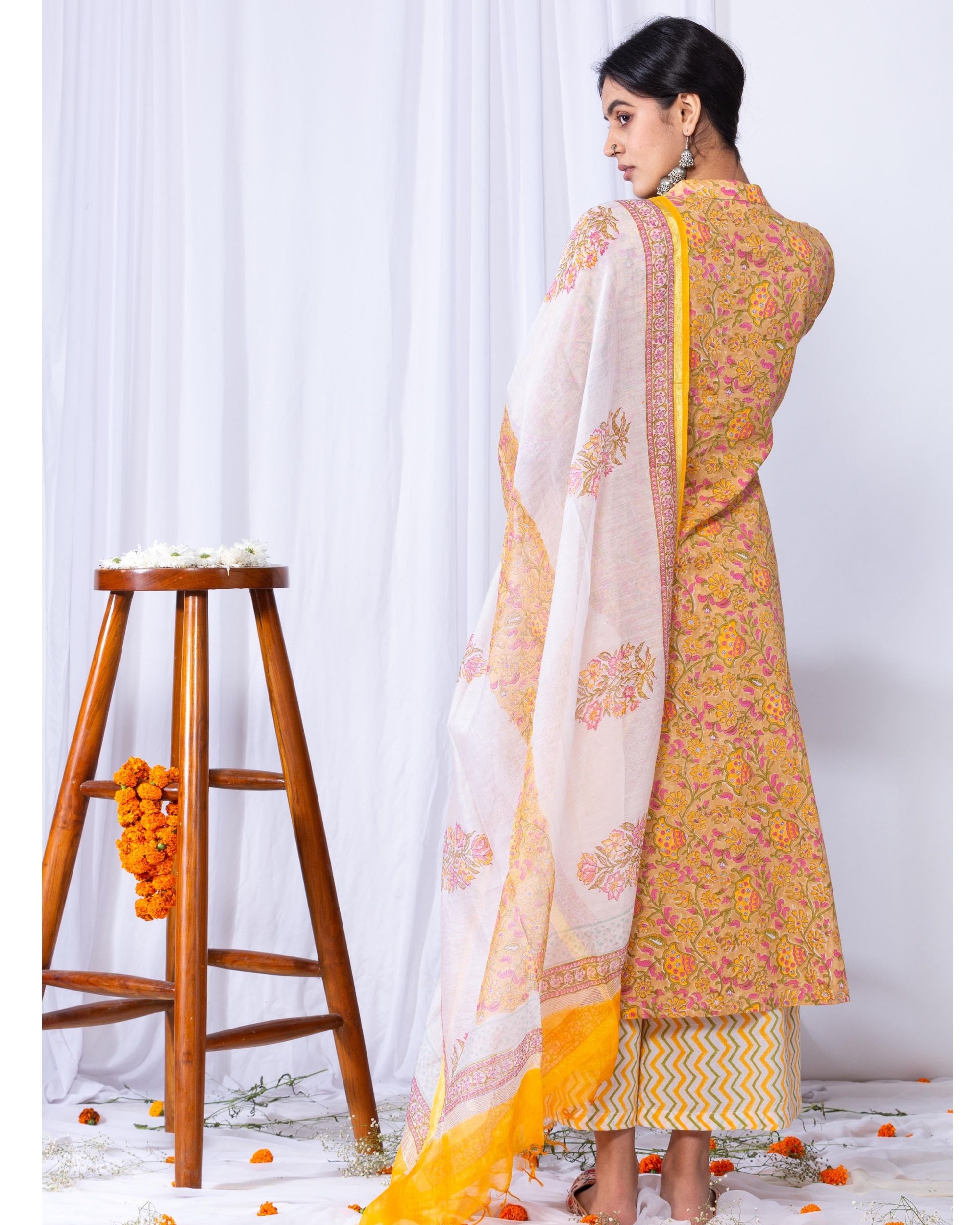 Mustard pin tuck suit set - set of three by Shrinkhla | The Secret Label