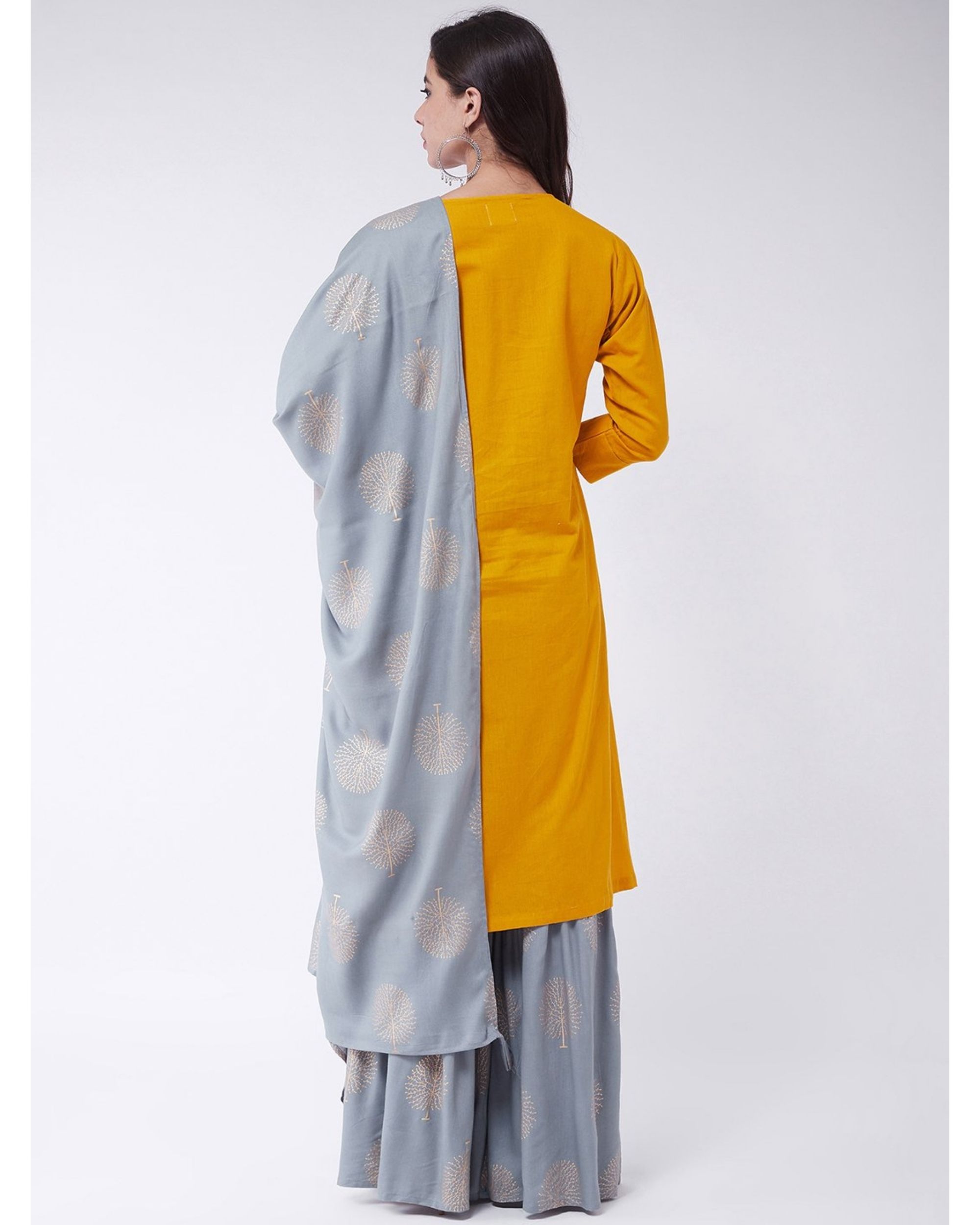 Mustard elephant printed kurta with grey sharara and dupatta - set of ...