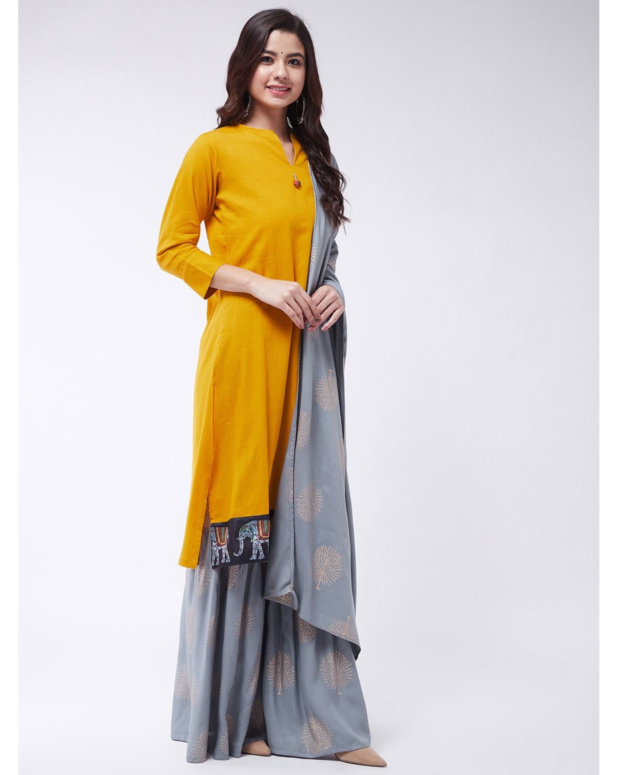 Mustard elephant printed kurta with grey sharara and dupatta - set of ...