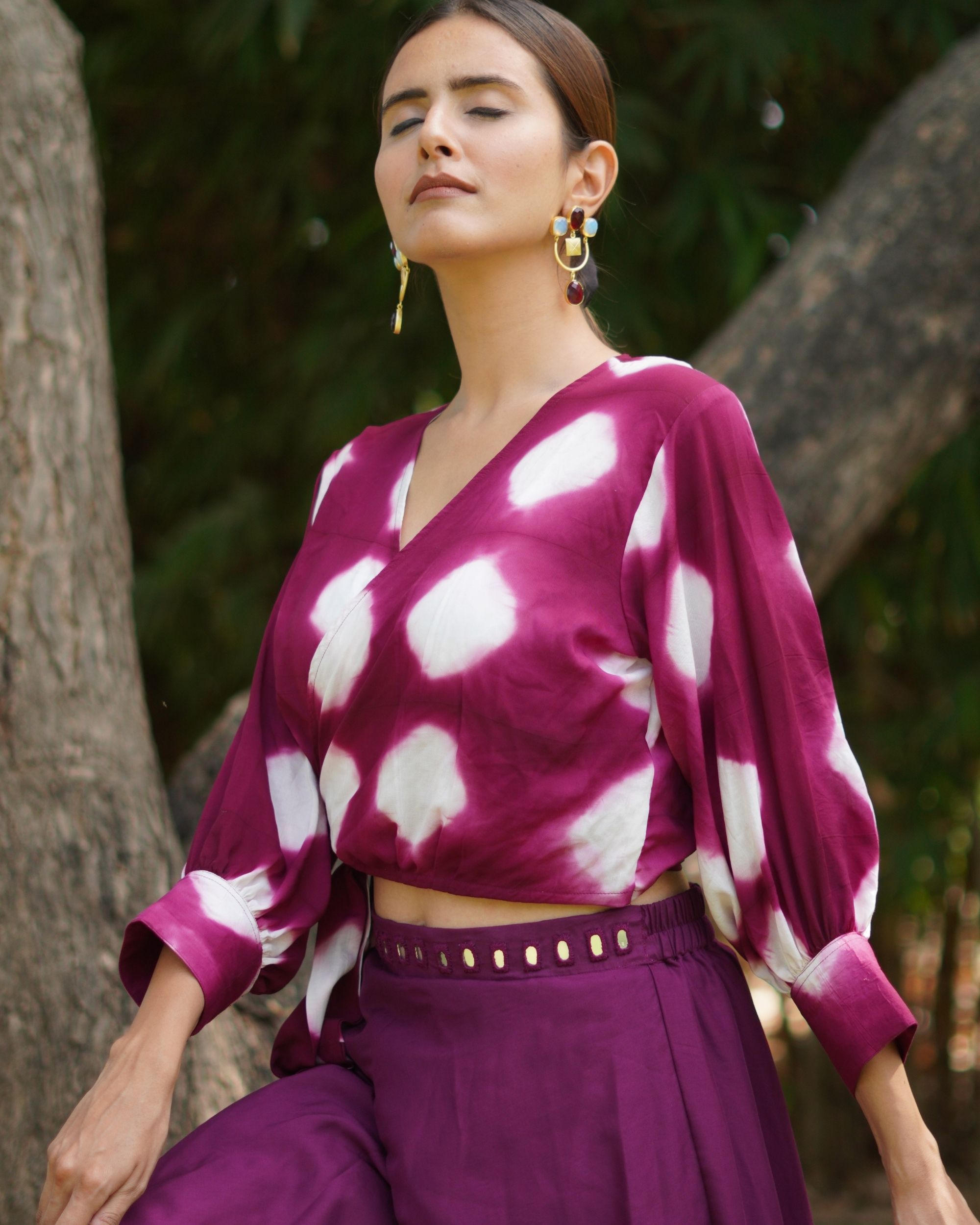 Magenta cuffed sleeve wrap crop top and mirror work skirt - set of two ...