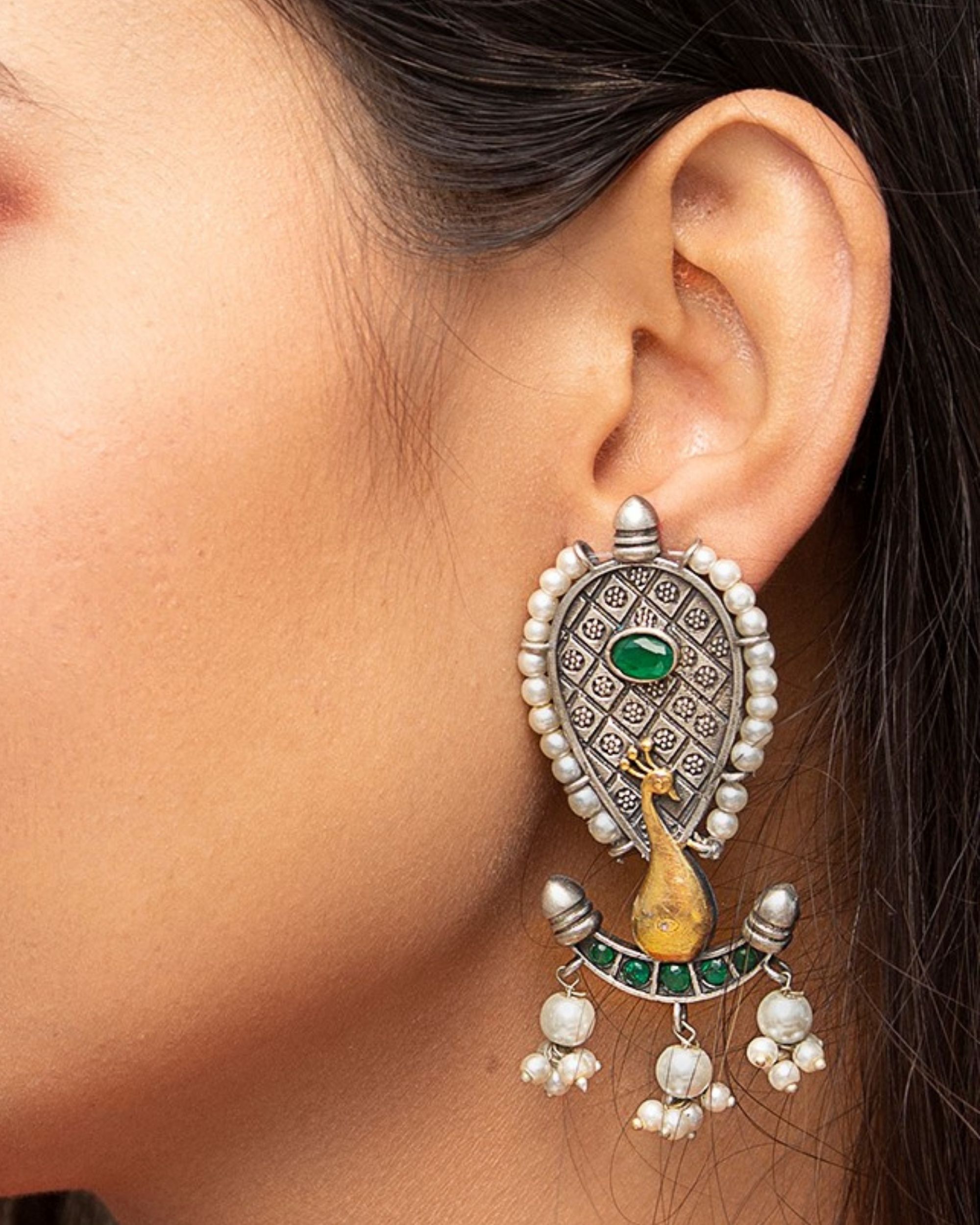 Dual toned beaded dancing peacock earring by Studio B 40 | The Secret Label