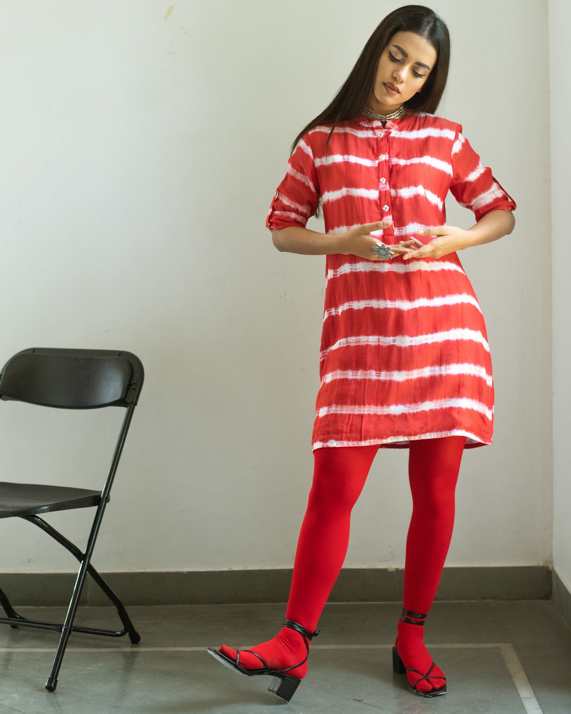 Red muslin silk lehriya shift dress by Gulaal | The Secret Label