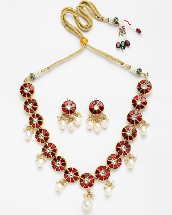 Ruby red tikdas pearl necklace and earring - set of two by Dugri Style ...