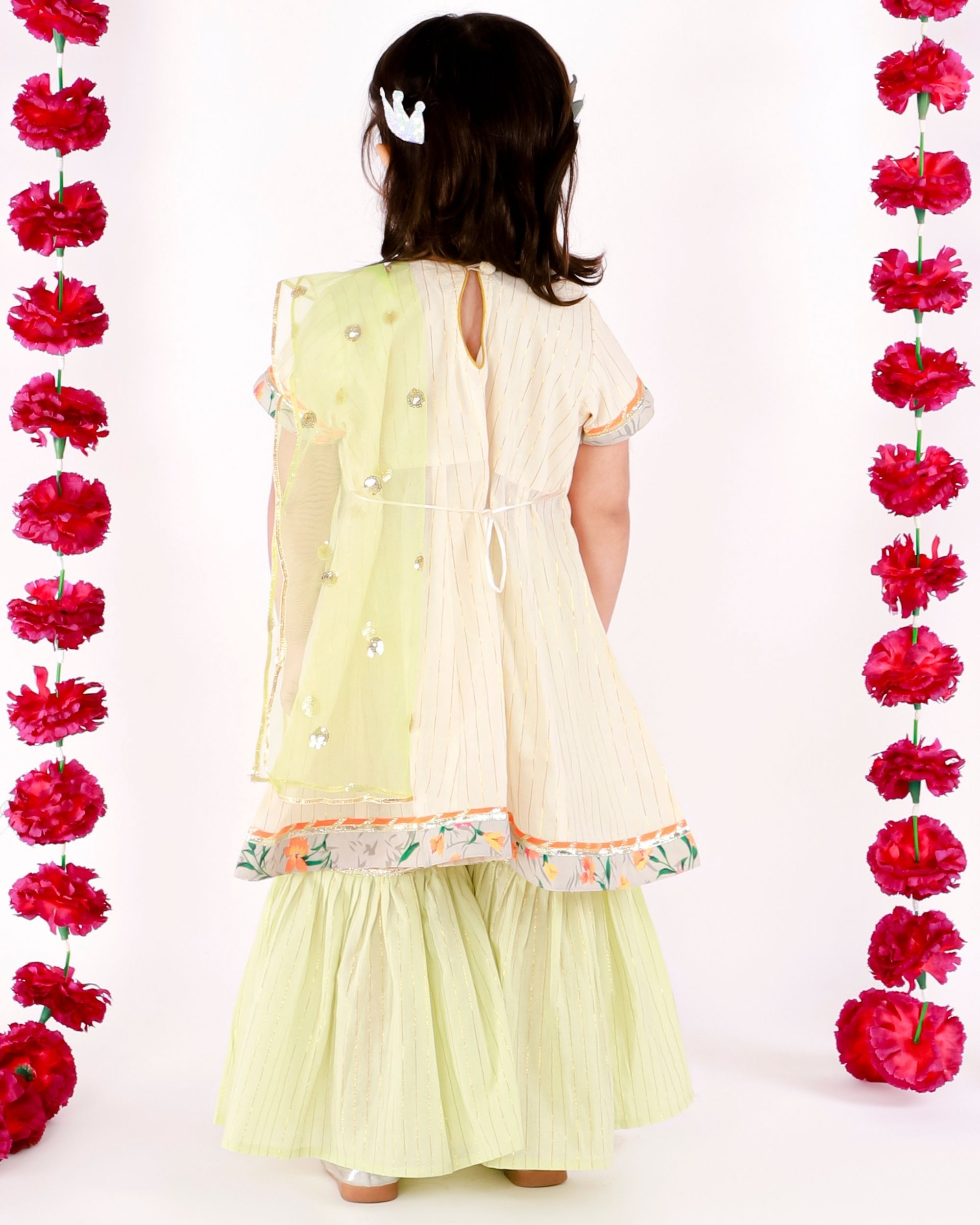 Cream and green sikka work gold strip frock kurta and sharara with ...