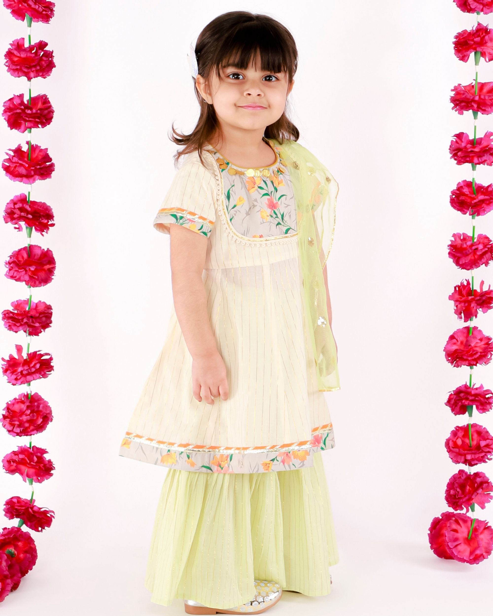 Cream and green sikka work gold strip frock kurta and sharara with ...