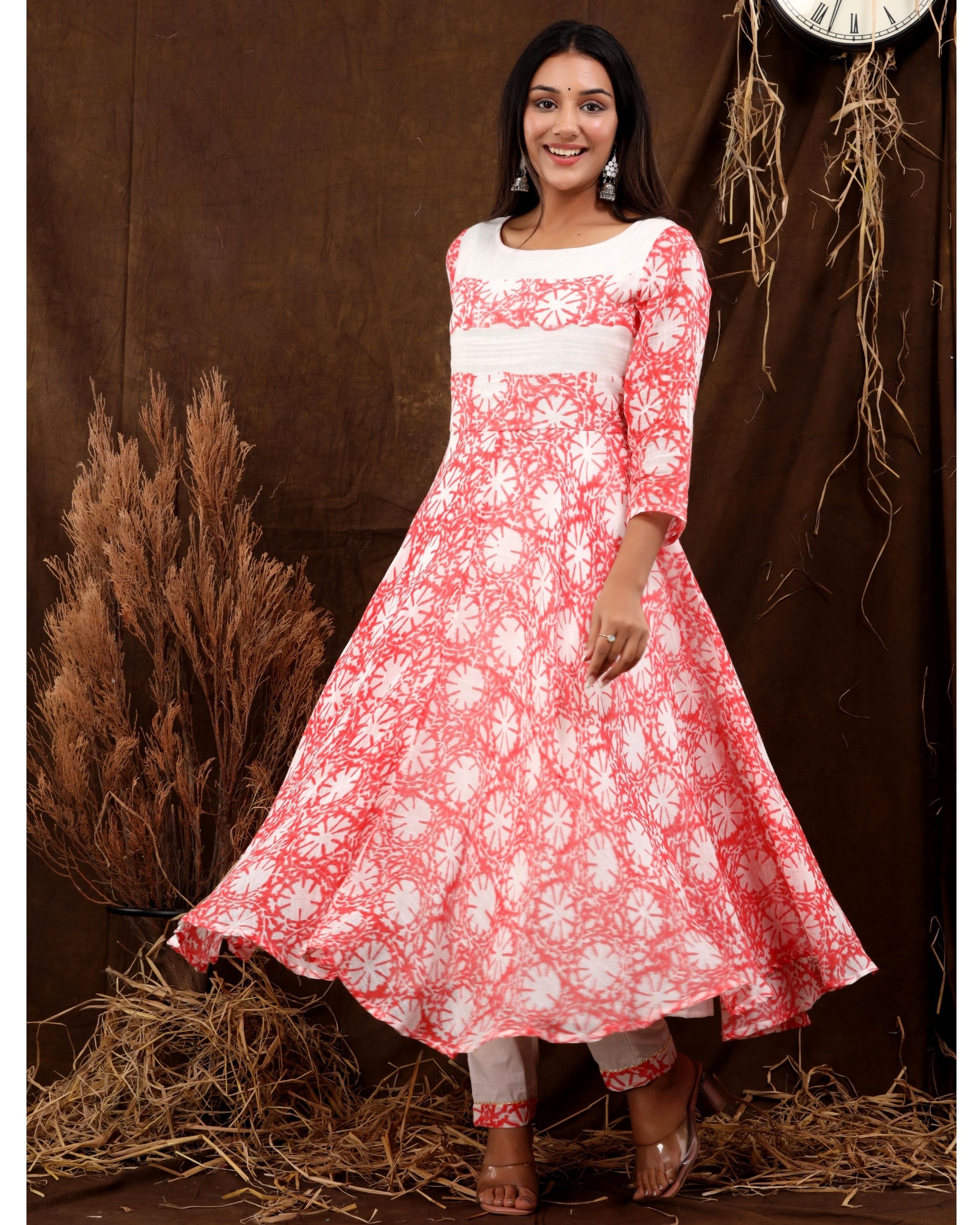 Red and white earthy block printed suit set - set of three by Chokhi ...