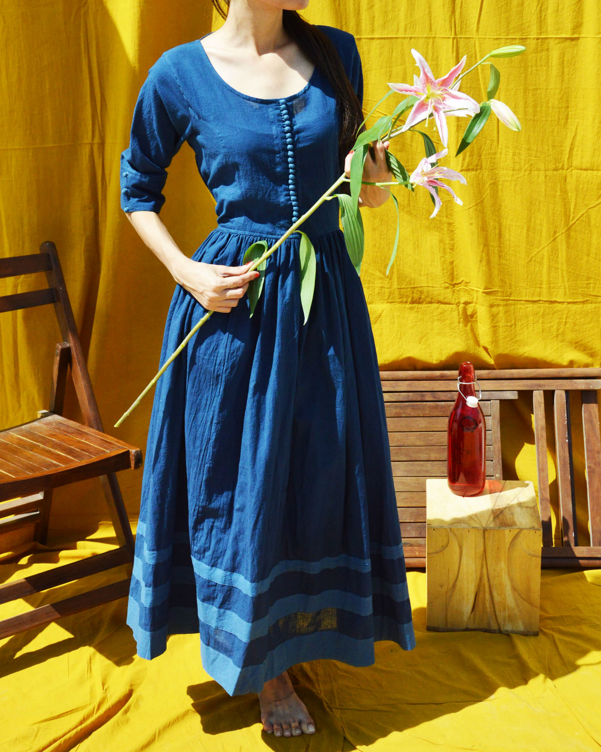 Indigo gathered dress with border by Silai | The Secret Label