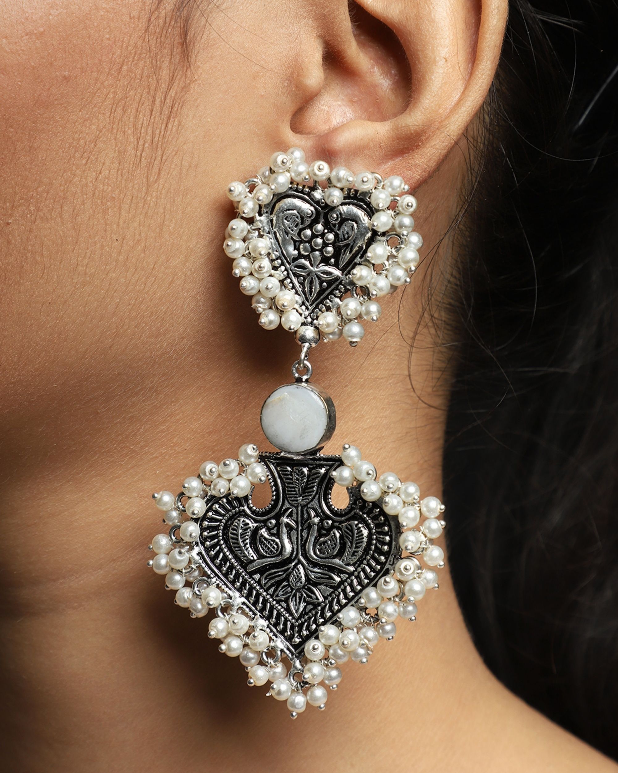 Pearl beaded engraved drop earrings by Namasya | The Secret Label