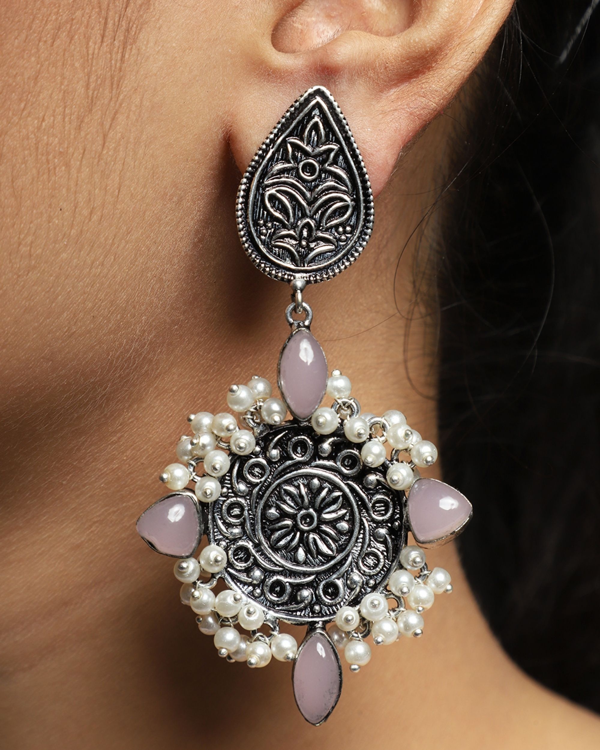 Pearl beaded floral engraved earrings by Namasya | The Secret Label