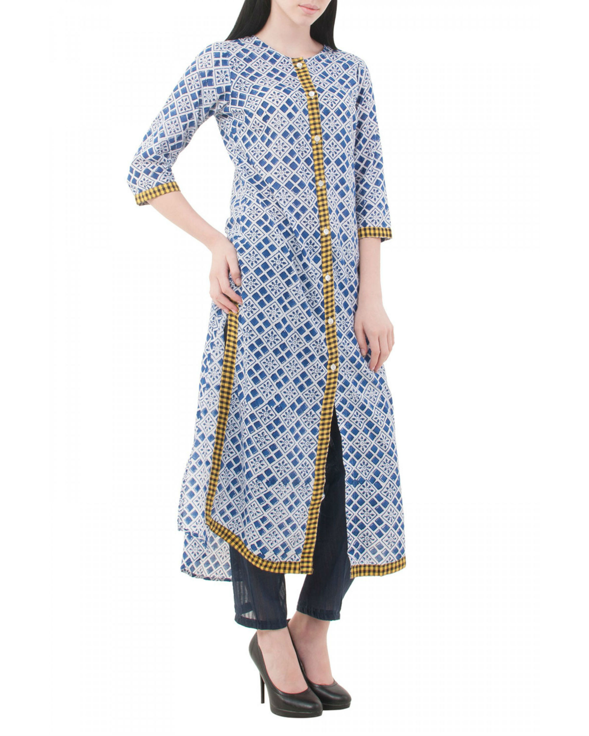 Indigo hand block printed kurta by Free Living | The Secret Label