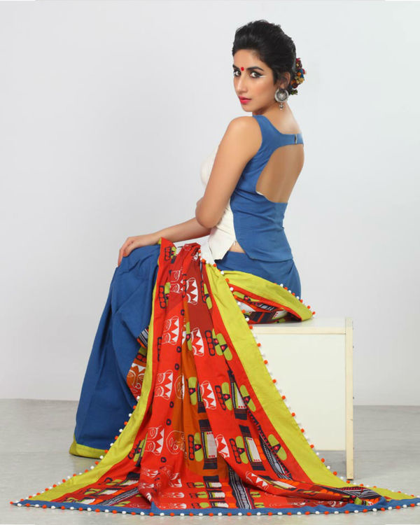 Urban blue and bright rust sari by Udd | The Secret Label