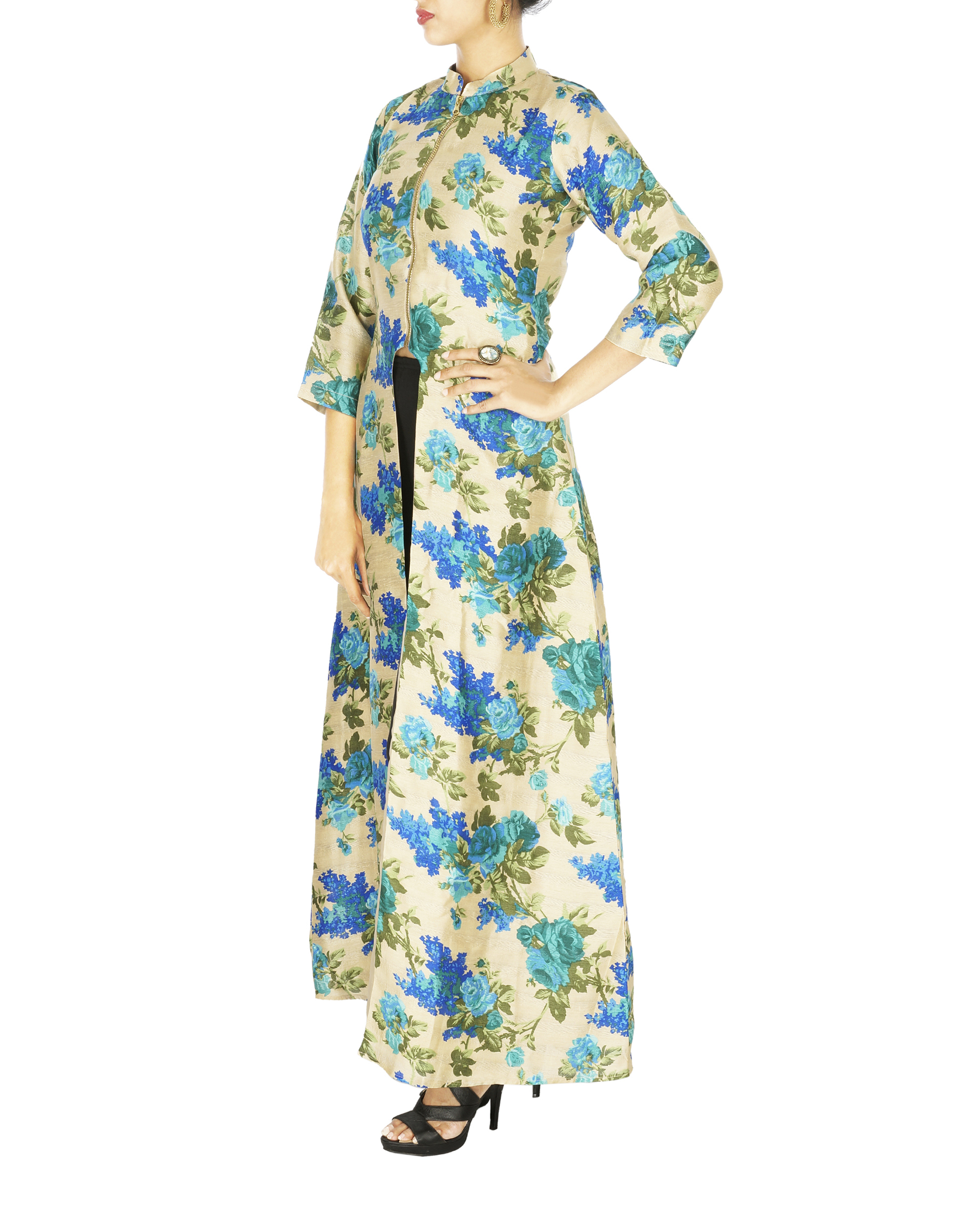 Blue Floral cape in raw silk by Inaayat | The Secret Label