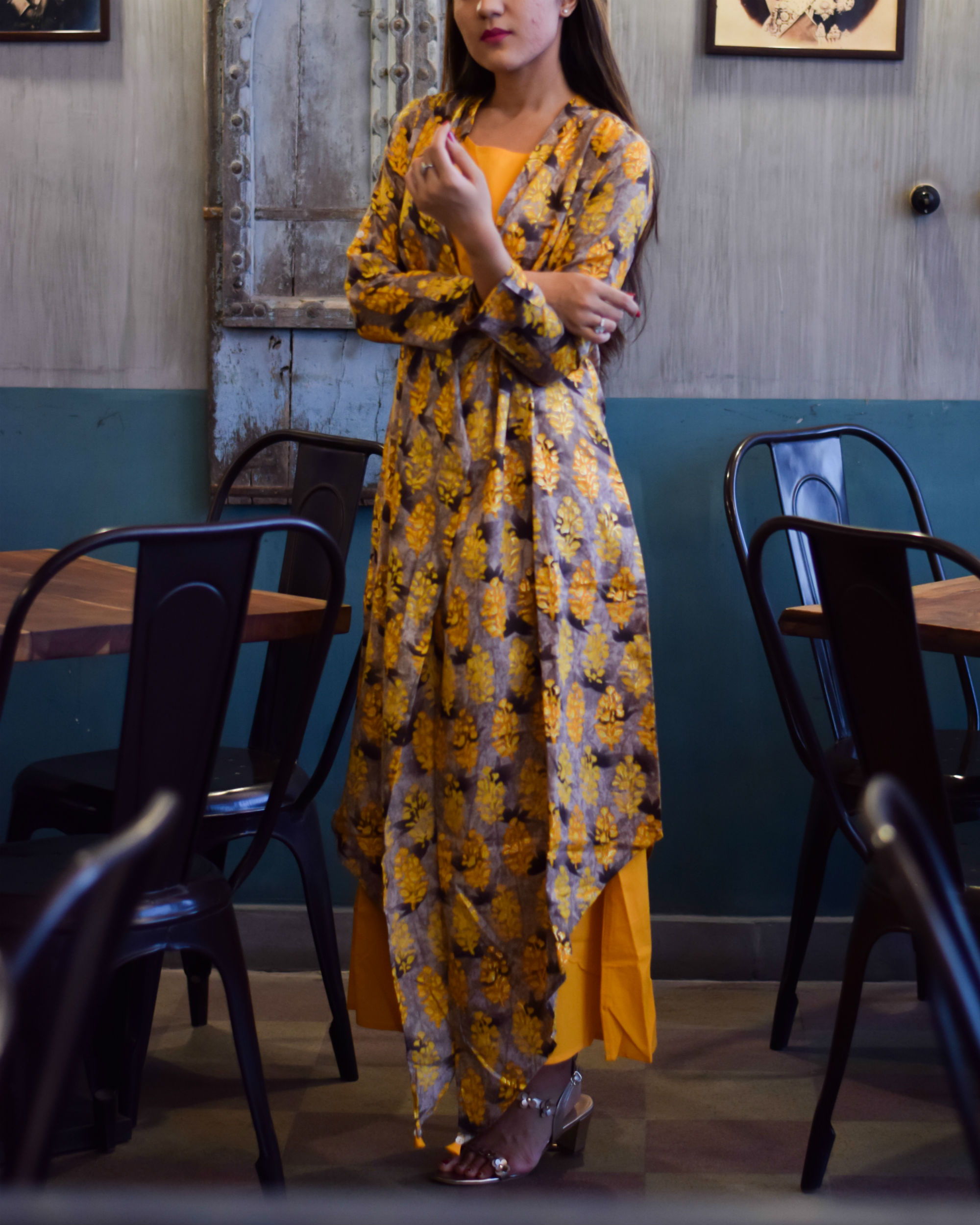 Yellow block print double layered dress by Keva | The Secret Label