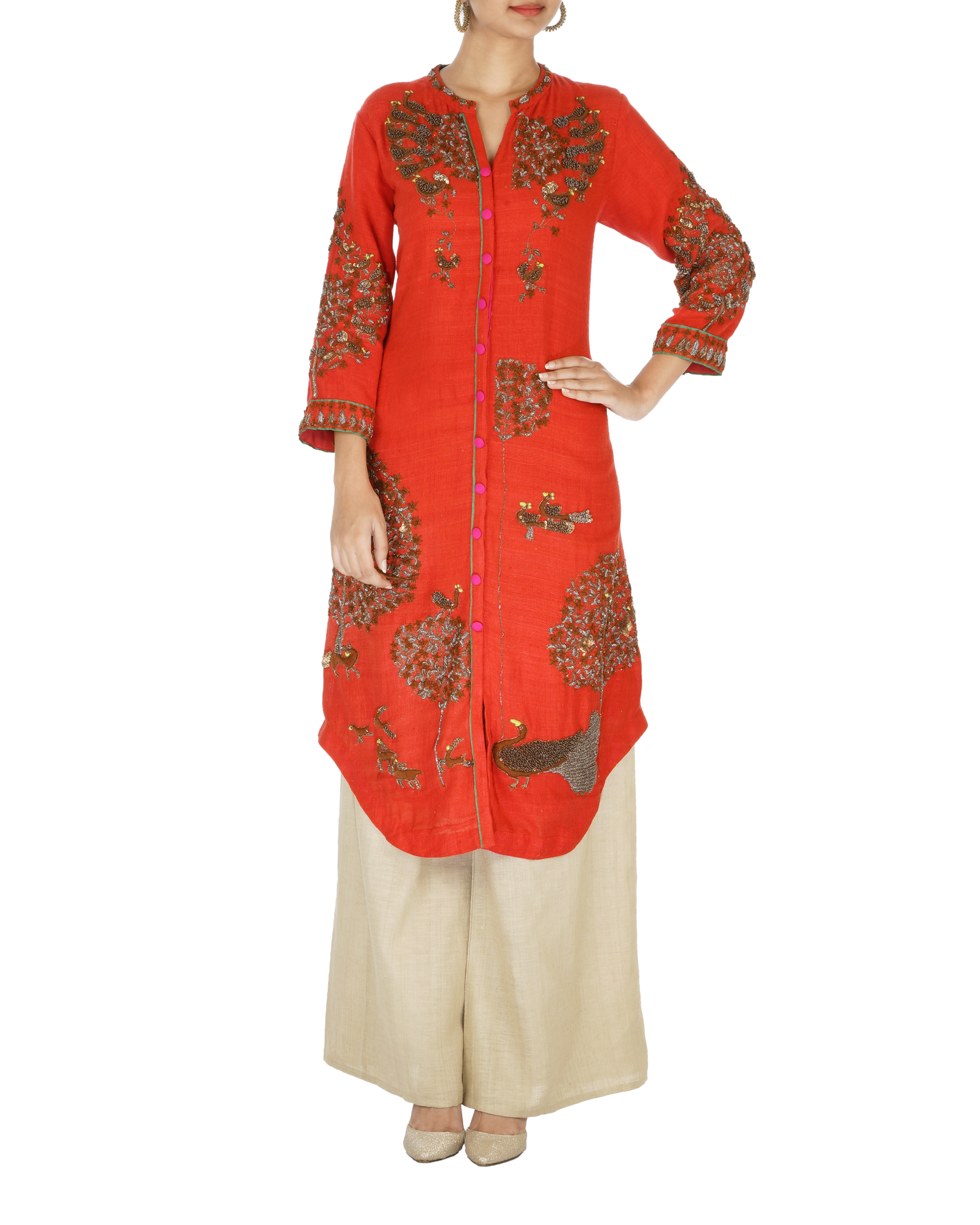 Red and beige matka kurta set by LACHESIS | The Secret Label