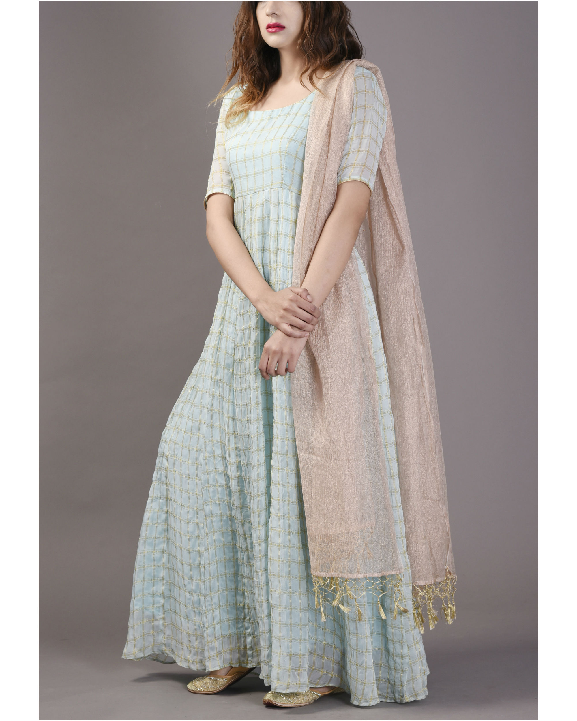 Powder blue anarkali with churidar and dupatta set by Rangpur | The ...