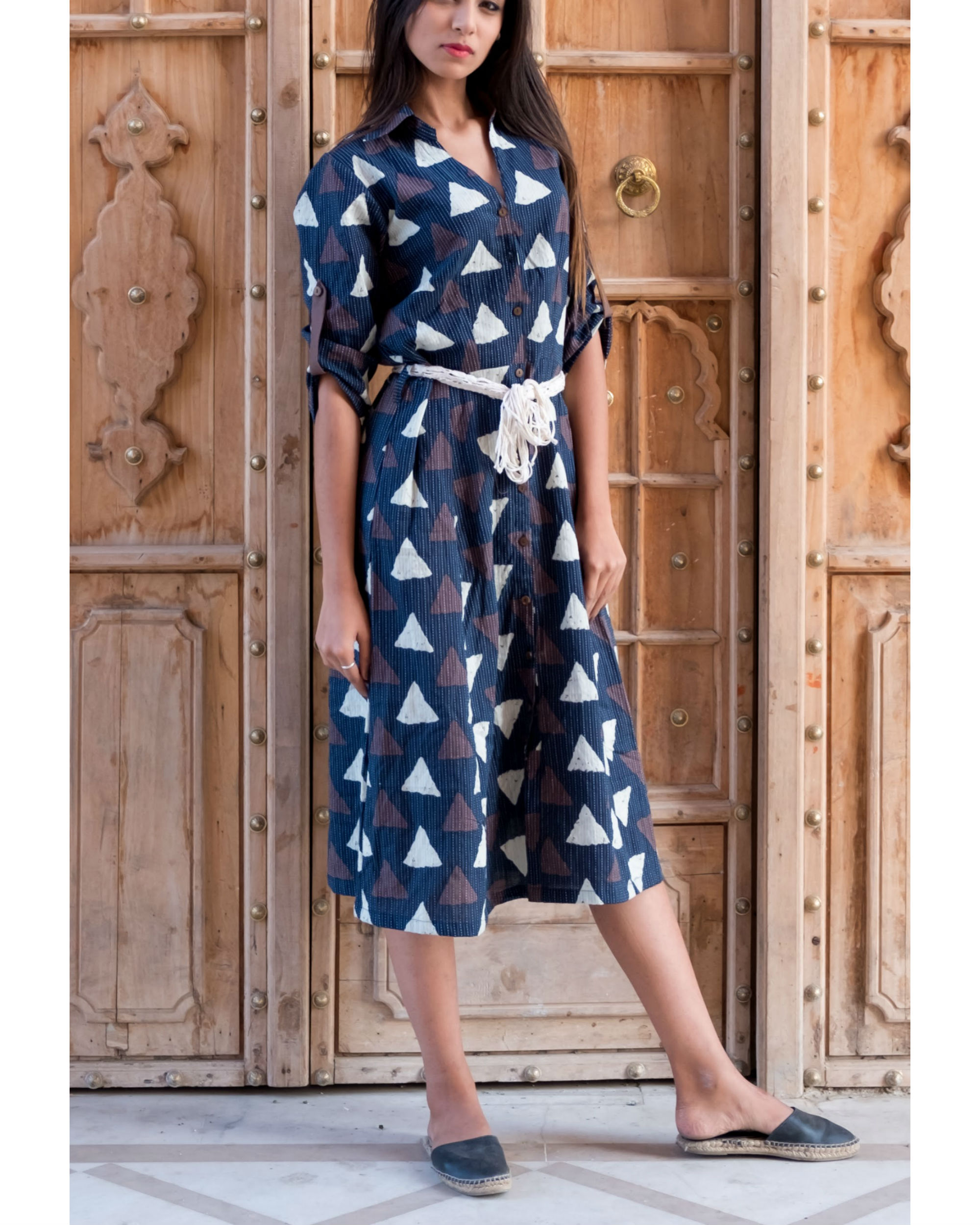 Triangle print kantha dress with belt by Siddhi Creation | The Secret Label