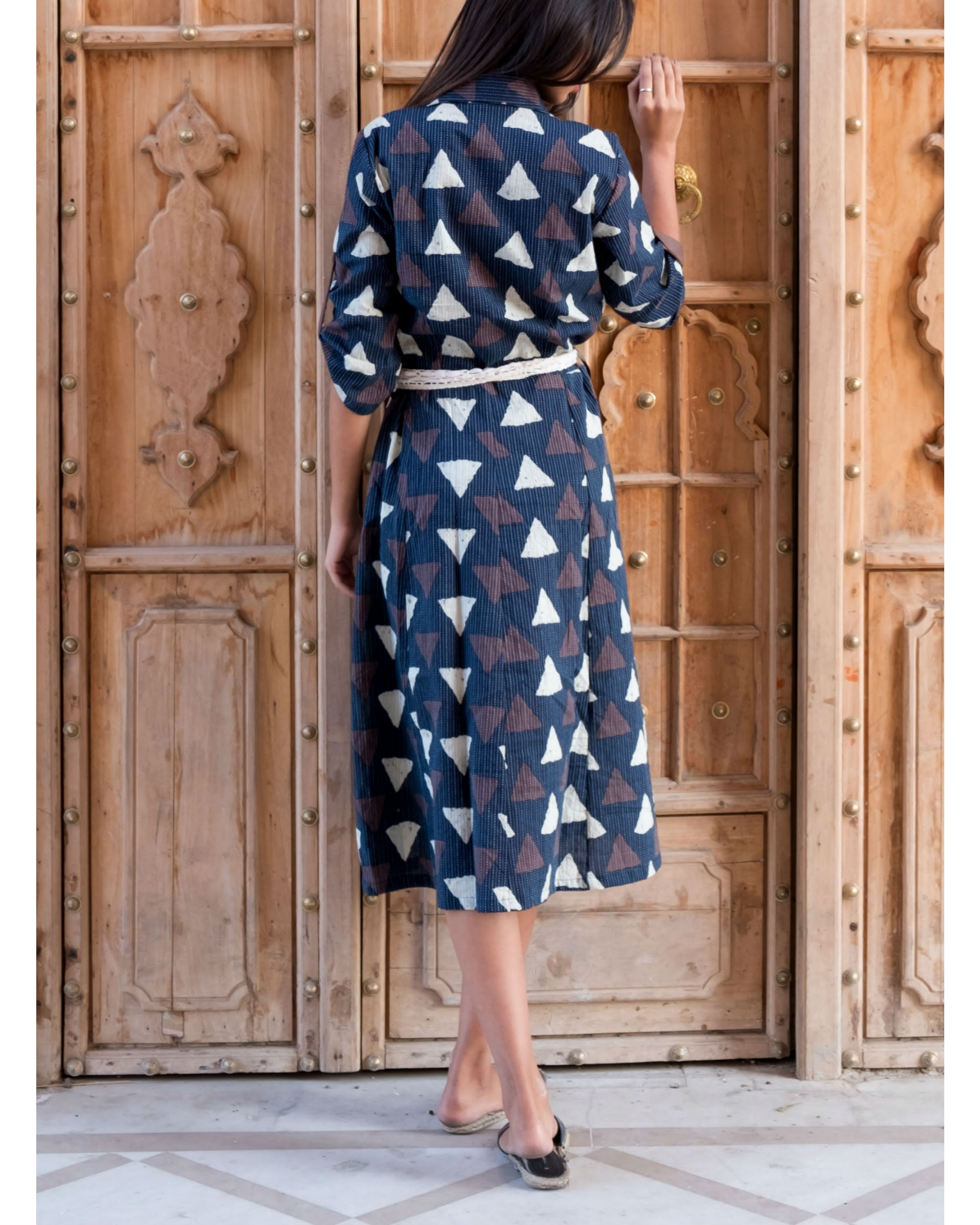 Triangle print kantha dress with belt by Siddhi Creation | The Secret Label