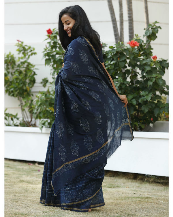 Indigo square chanderi cotton sari by Desi Doree | The Secret Label