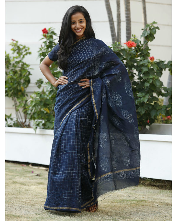 Indigo square chanderi cotton sari by Desi Doree | The Secret Label