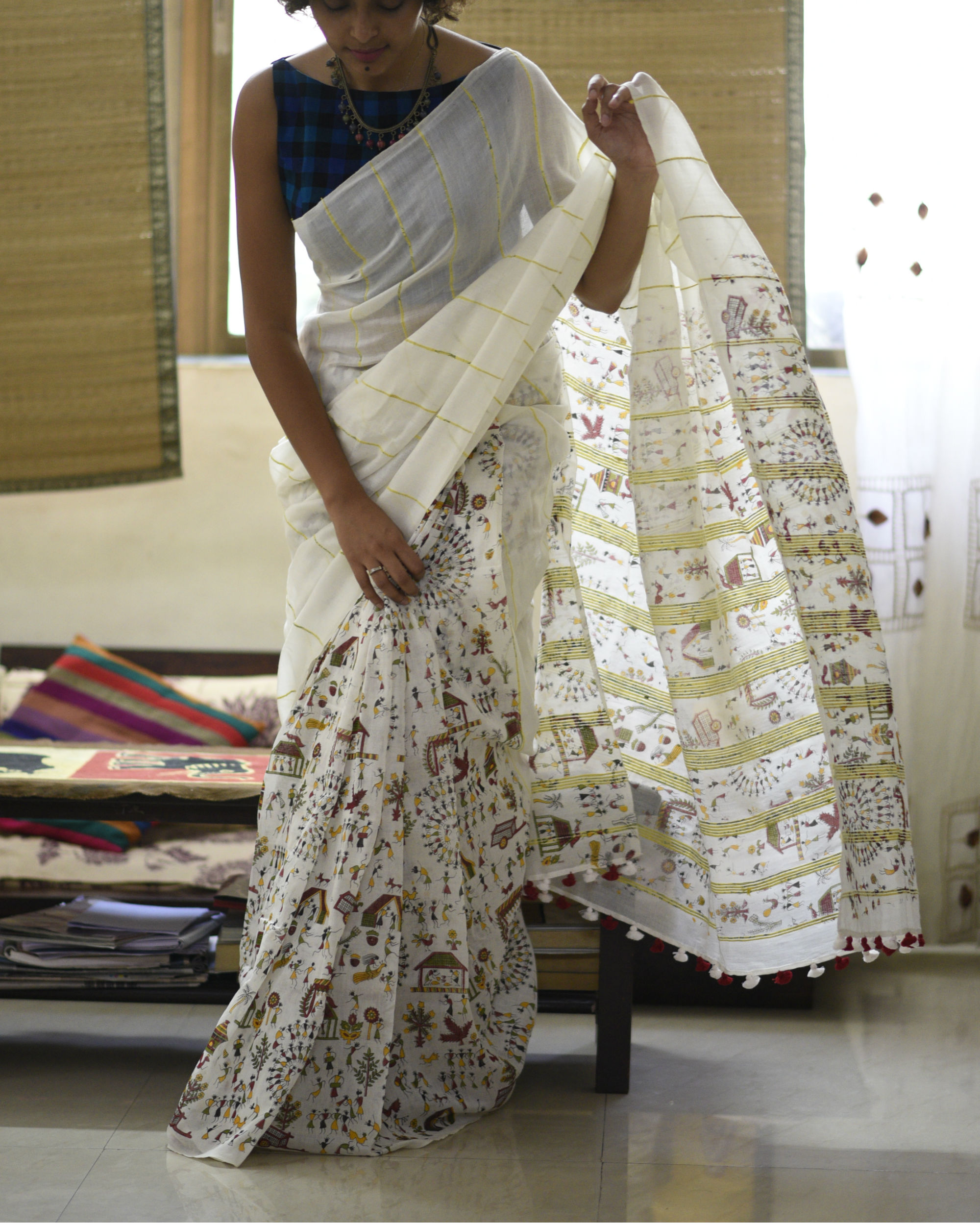 Off-white printed cotton sari by Suta | The Secret Label