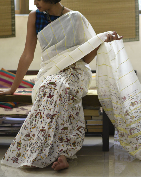 Off-white printed cotton sari by Suta | The Secret Label