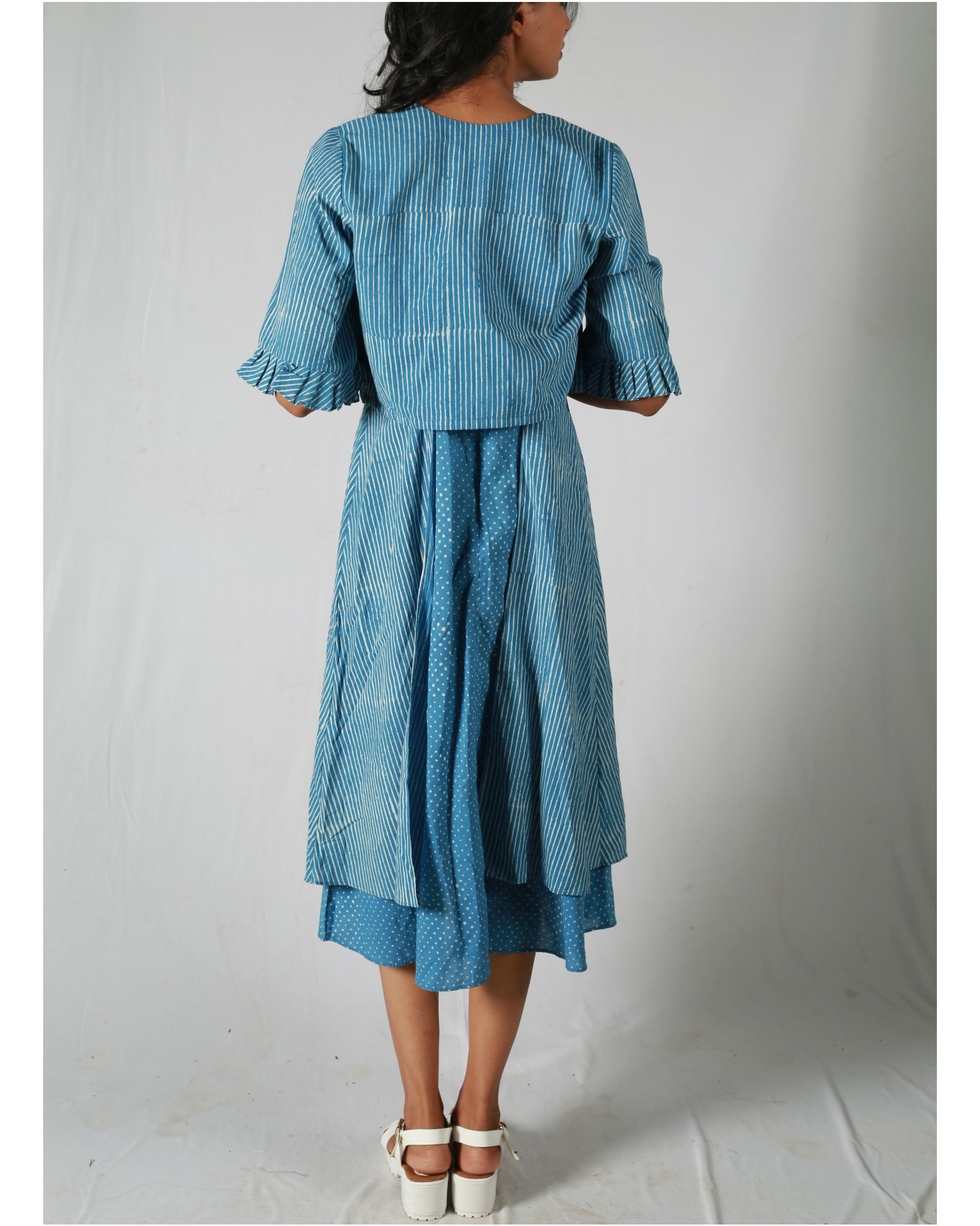 Blue dotted side panel dress with a jacket by Medhya | The Secret Label