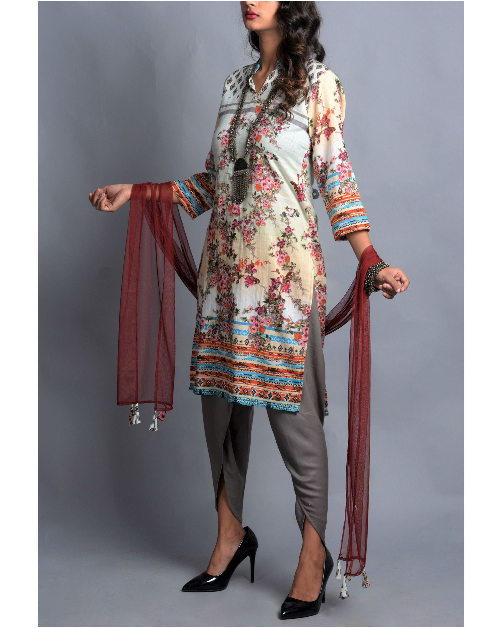 Moroccan floral kurta with dhoti and stole set by The Home Affair | The ...