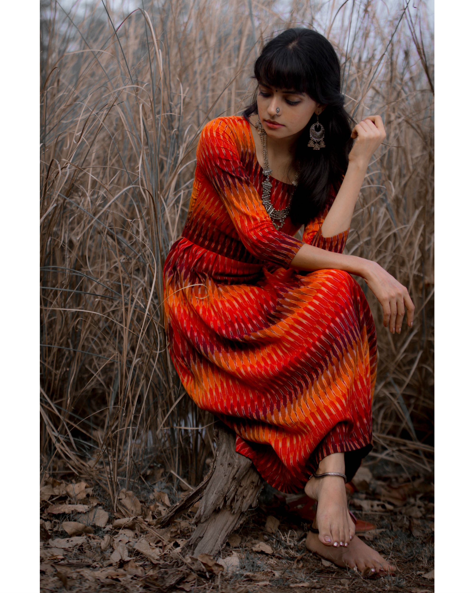 Sunset hand woven ikat dress by Threeness | The Secret Label