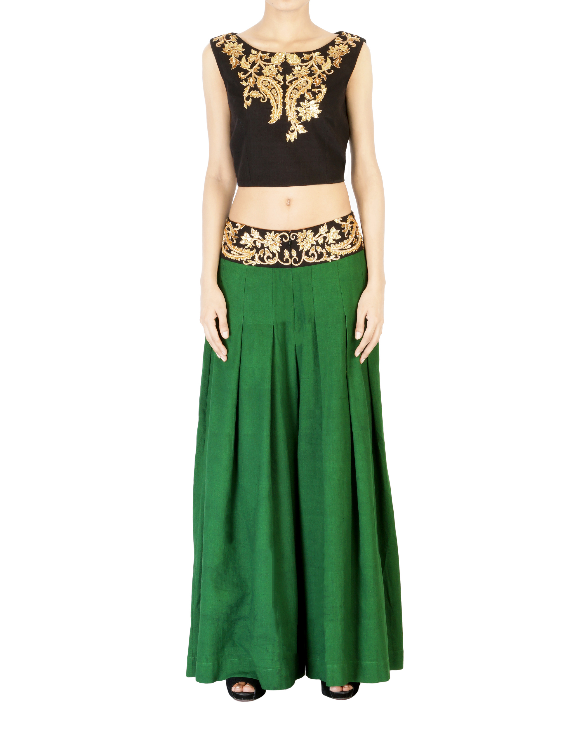 Bottle green embroidered palazzo pants by Shilpa Reddy | The Secret Label