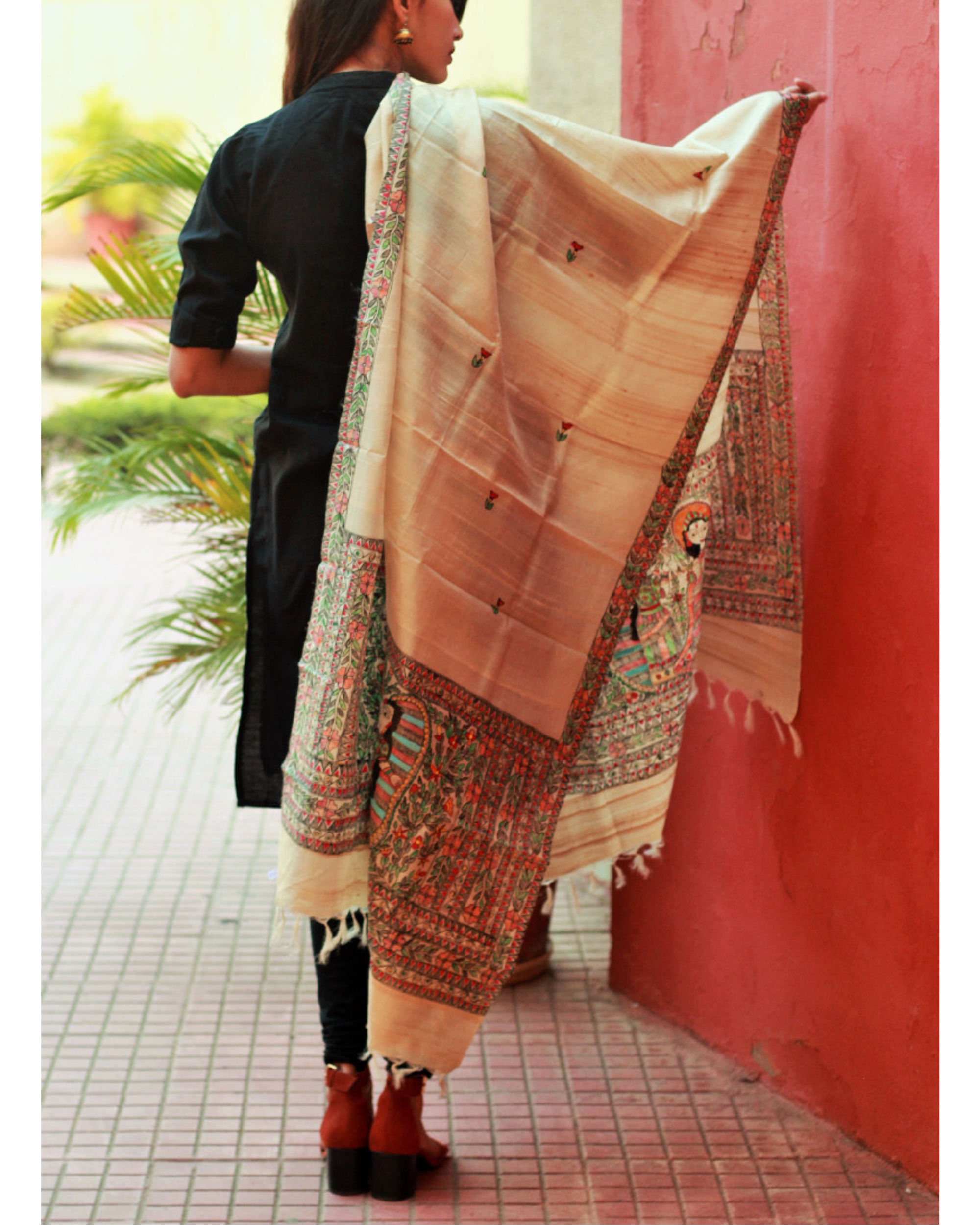 Madhubani ecru multi colored dupatta by Arts of India | The Secret Label