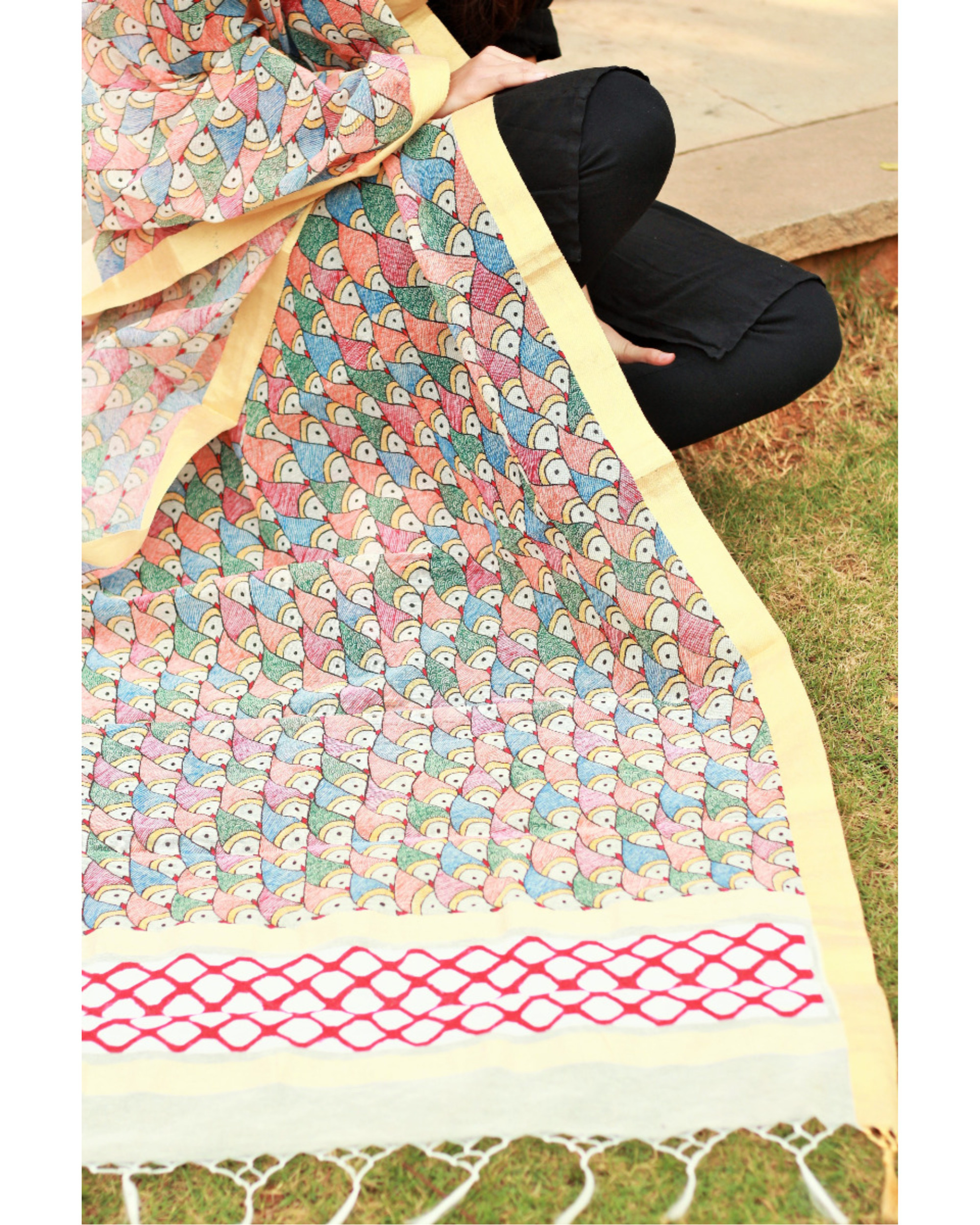 Madhubani multi colored fish dupatta by Arts of India | The Secret Label