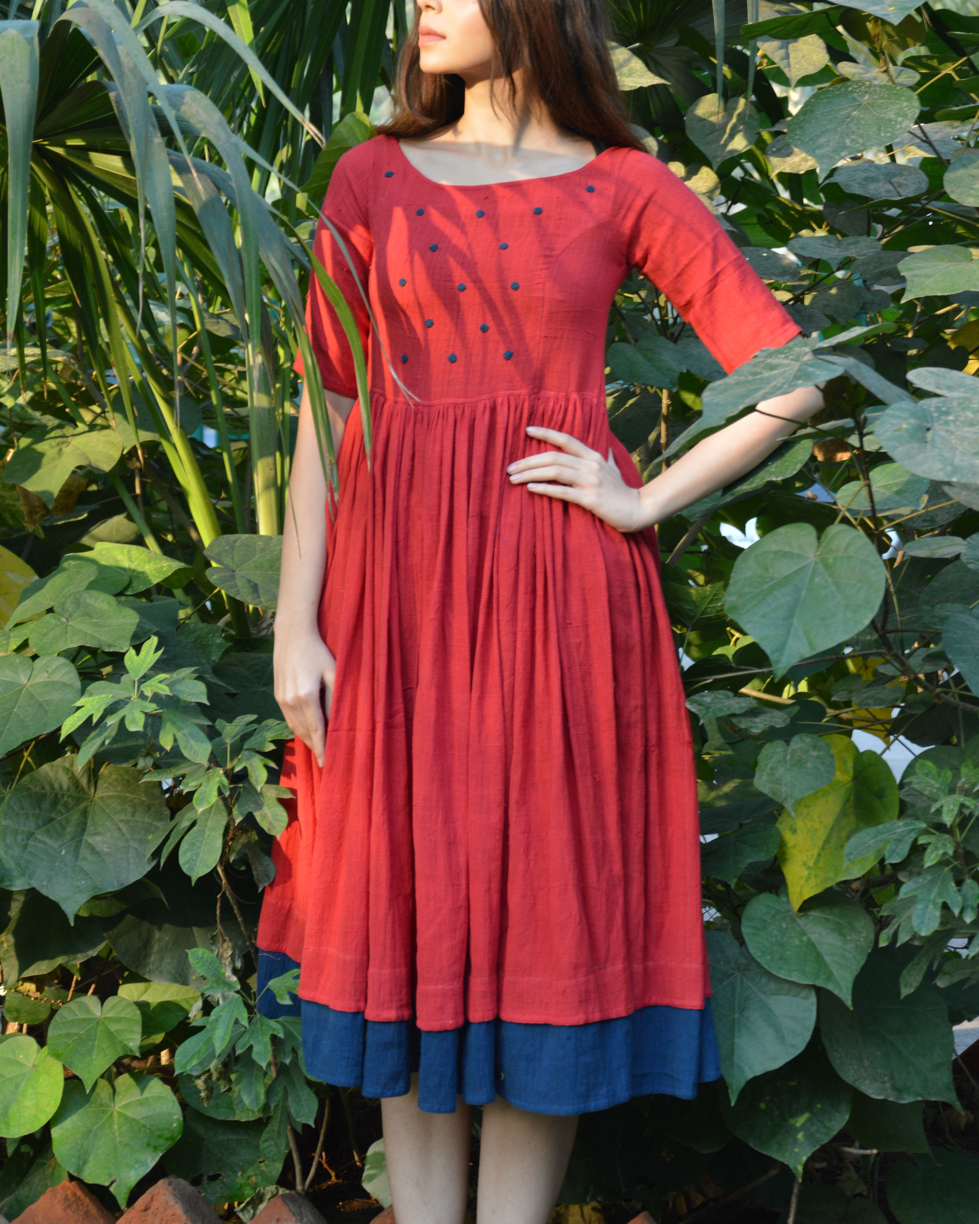 Red indigo layer frock with polka applique by Silai | The Secret Label