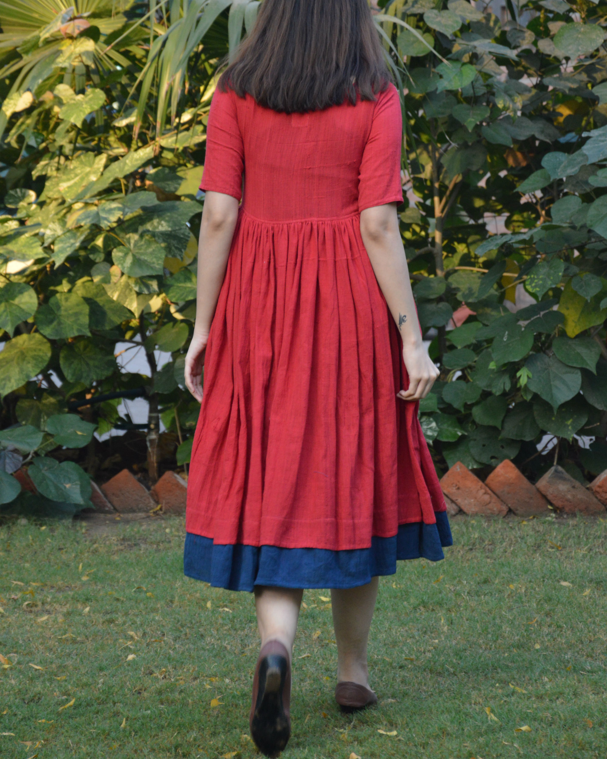 Red indigo layer frock with polka applique by Silai | The Secret Label
