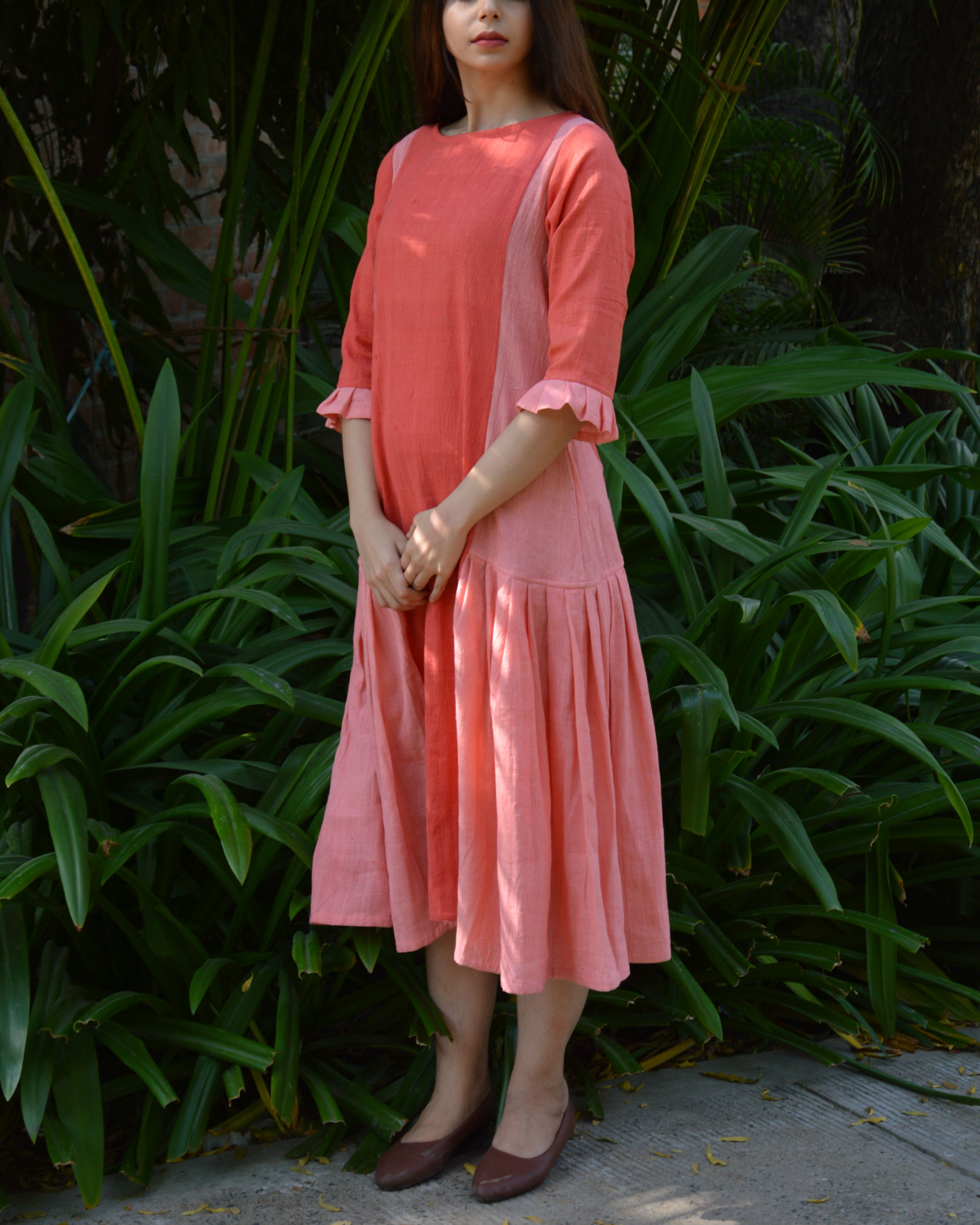 Peach pink pleated panel tunic by Silai | The Secret Label