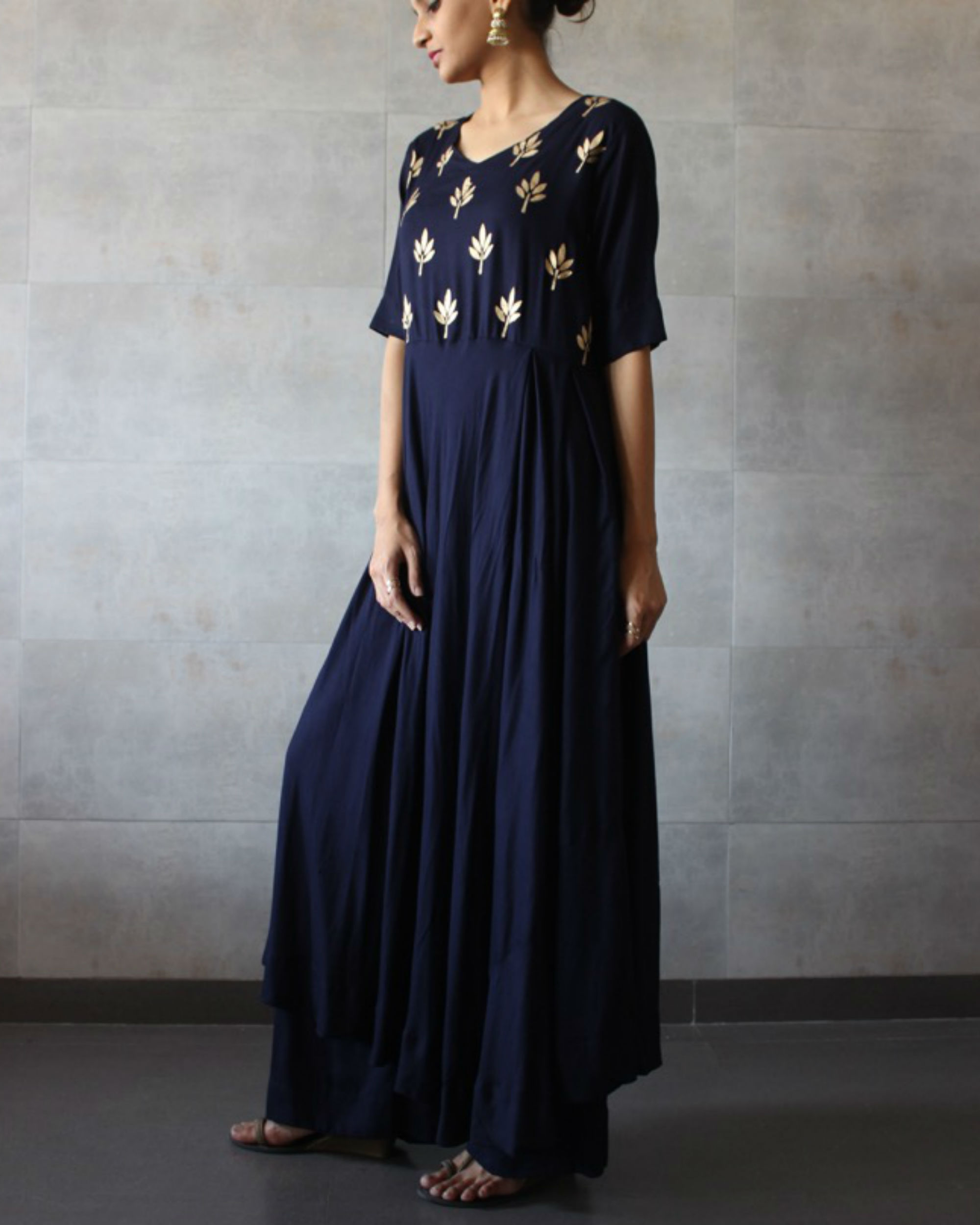 Navy blue box pleated kurta palazzo set by The Label Studio | The ...