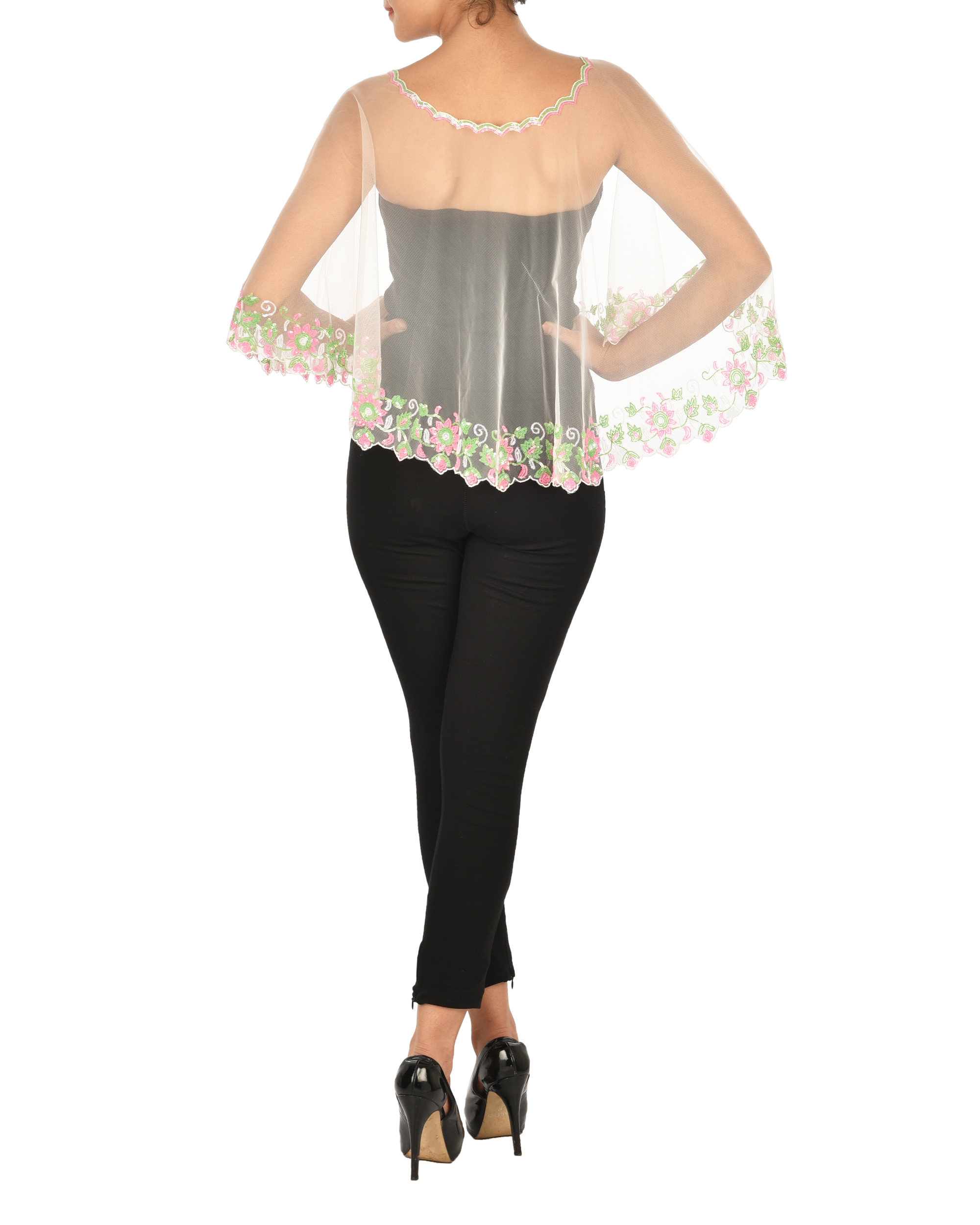 White net cape with green and pink sequins by Dressy Owl | The Secret Label