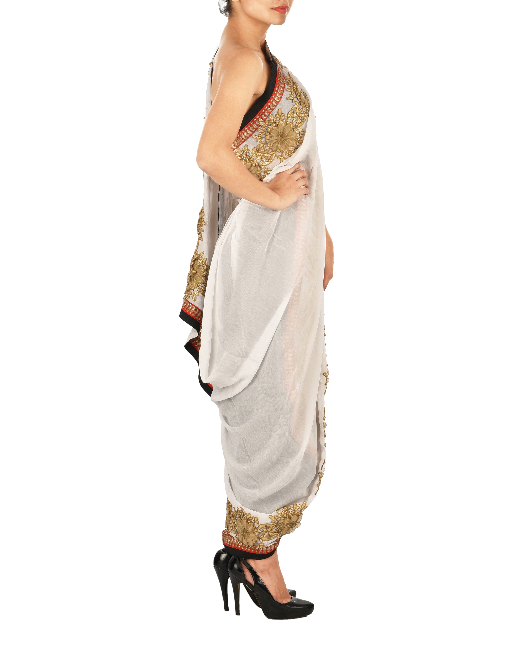 Ivory chiffon draped sari by Dressy Owl | The Secret Label