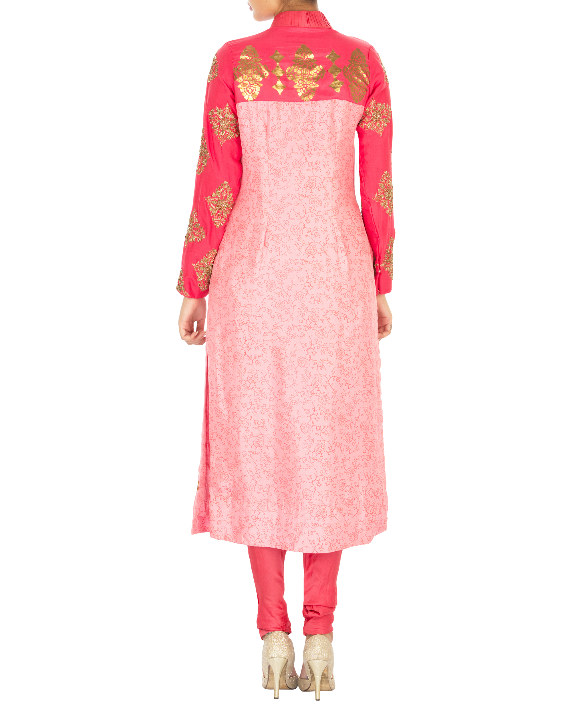 Peach and coral foil printed kurta set by DEBARUN | The Secret Label