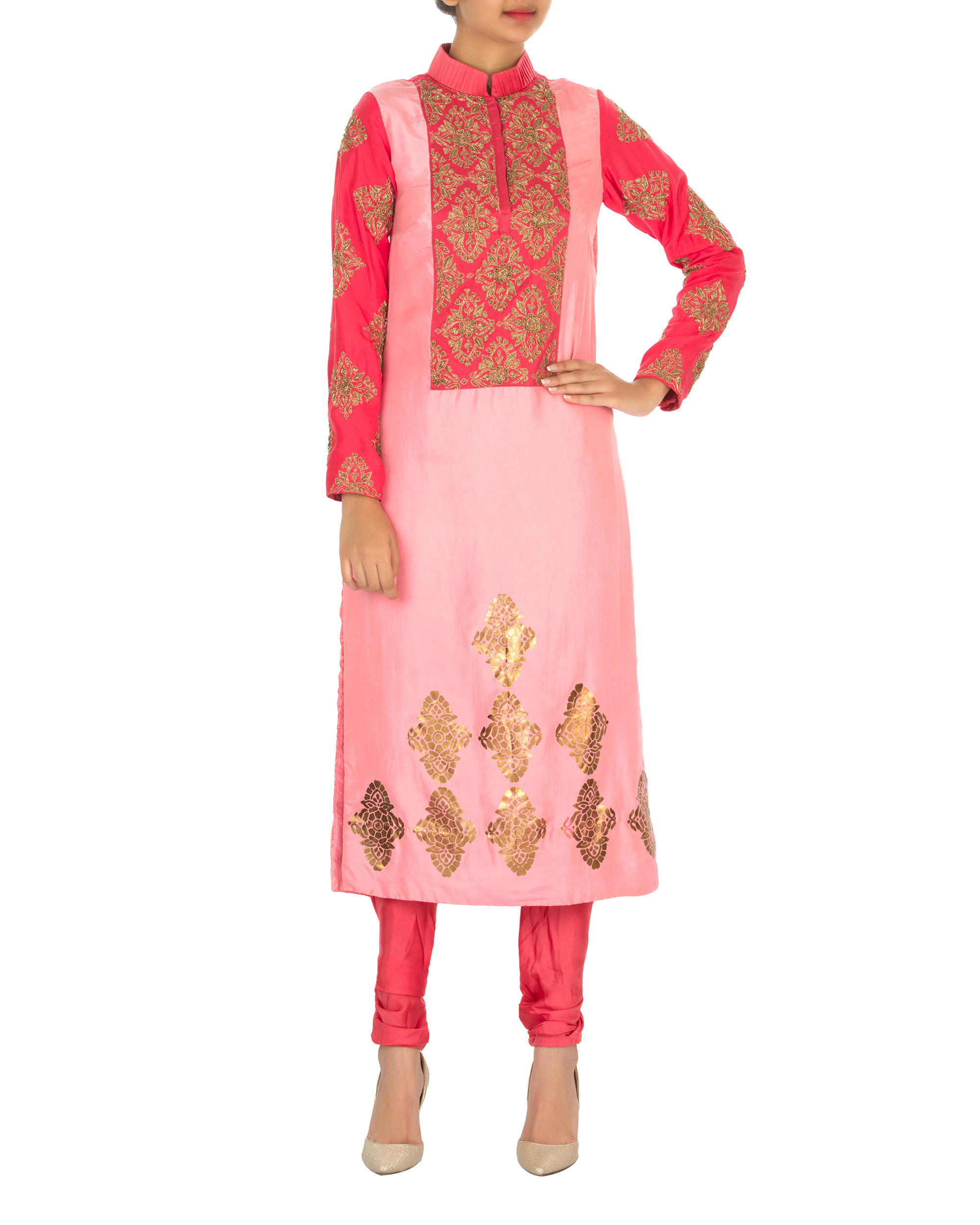 Peach and coral foil printed kurta set by DEBARUN | The Secret Label