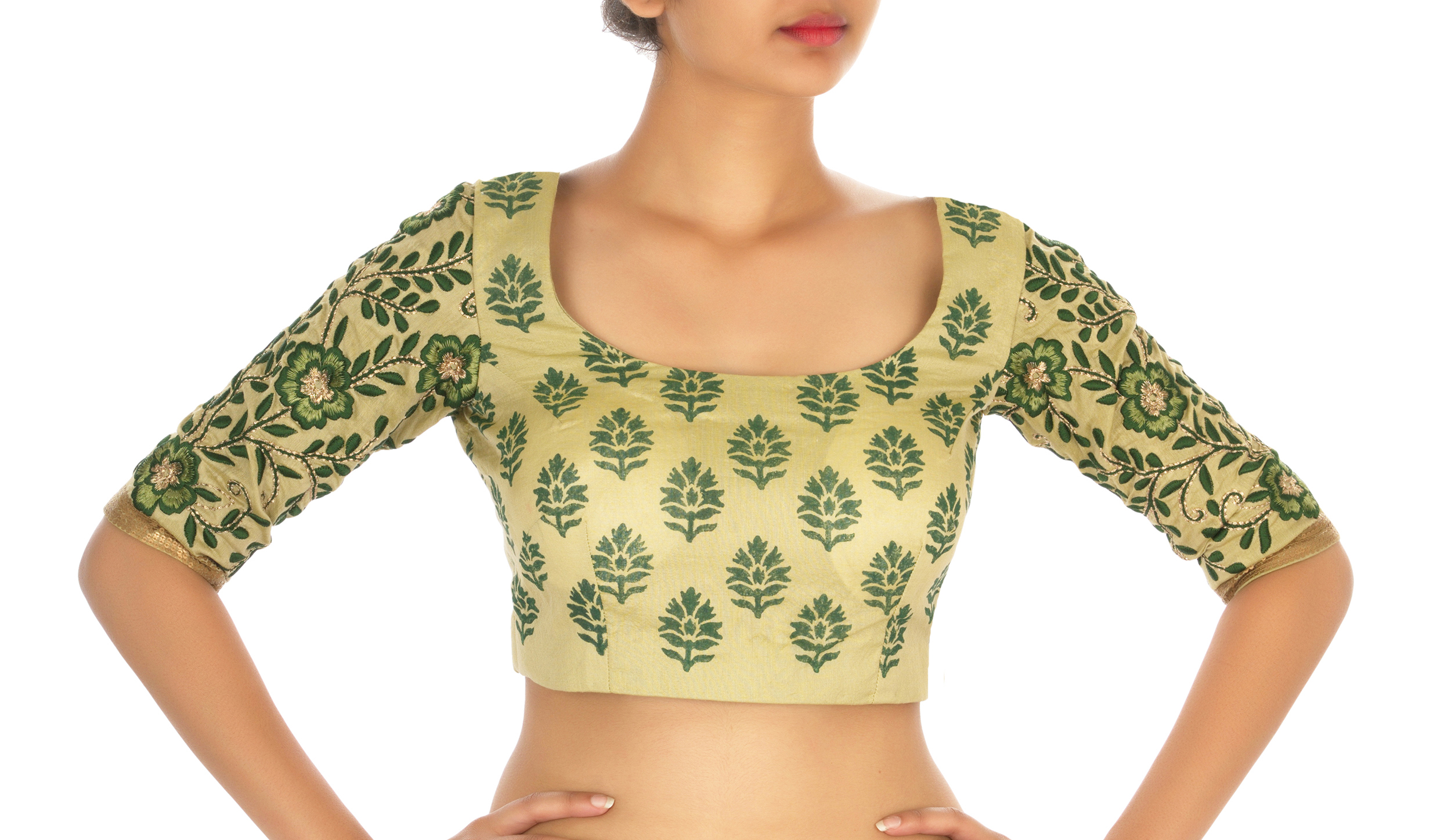 Green chanderi sari with embellished blouse by DEBARUN | The Secret Label