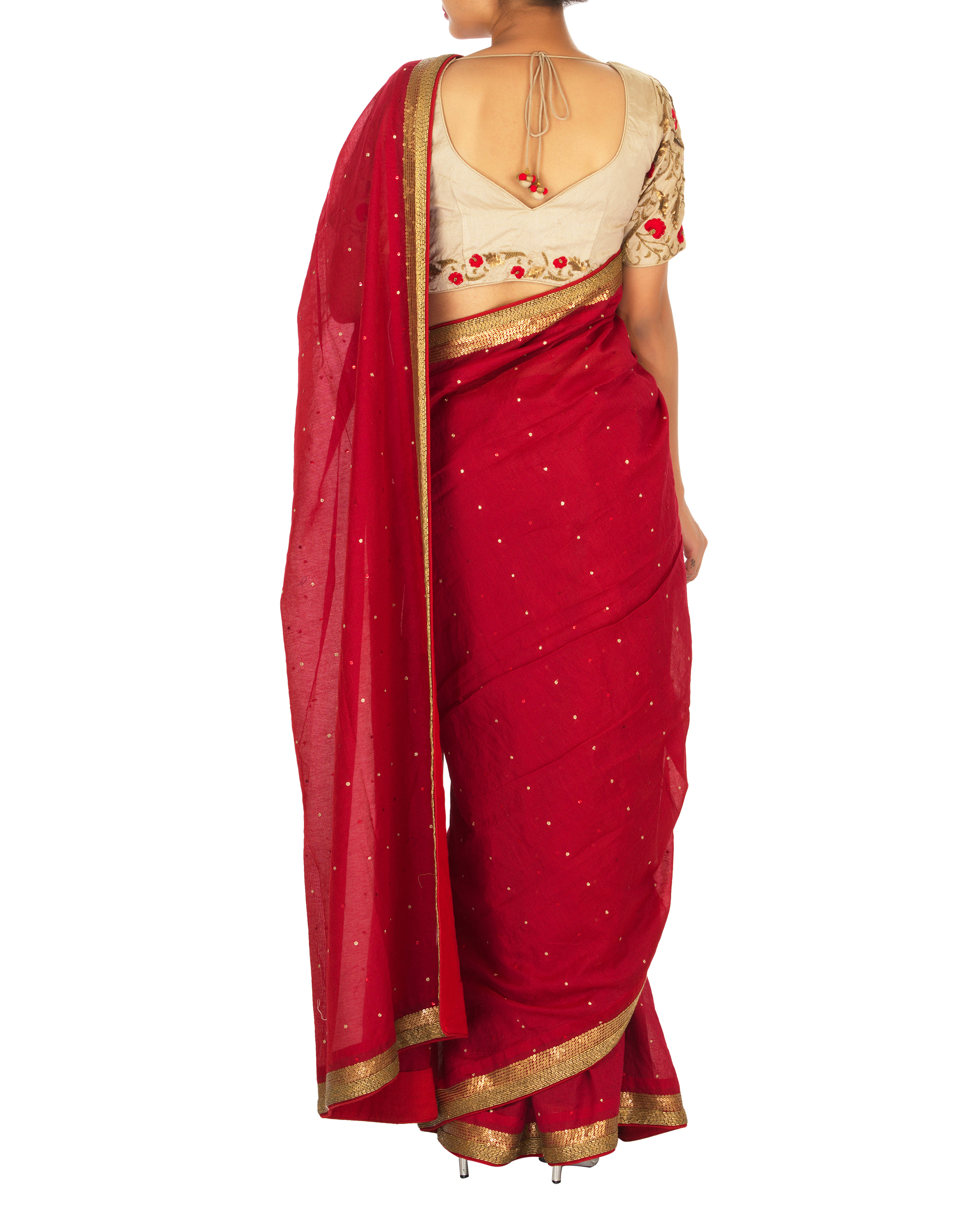 Red and beige chanderi sari by DEBARUN | The Secret Label